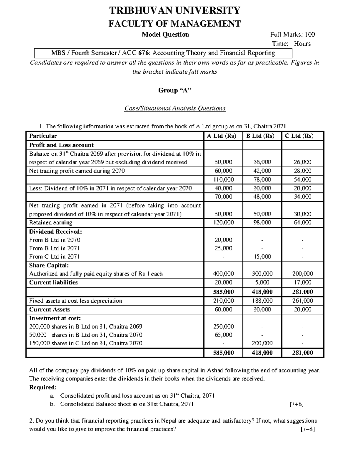 Model Questions for MBS 4th Sem - ACC 676, 673 & 677 Exam Preparation ...