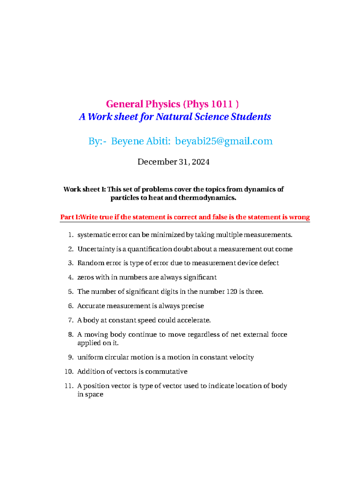 Worksheet I: General Physics (Phys 1011) Questions & Problems - Studocu
