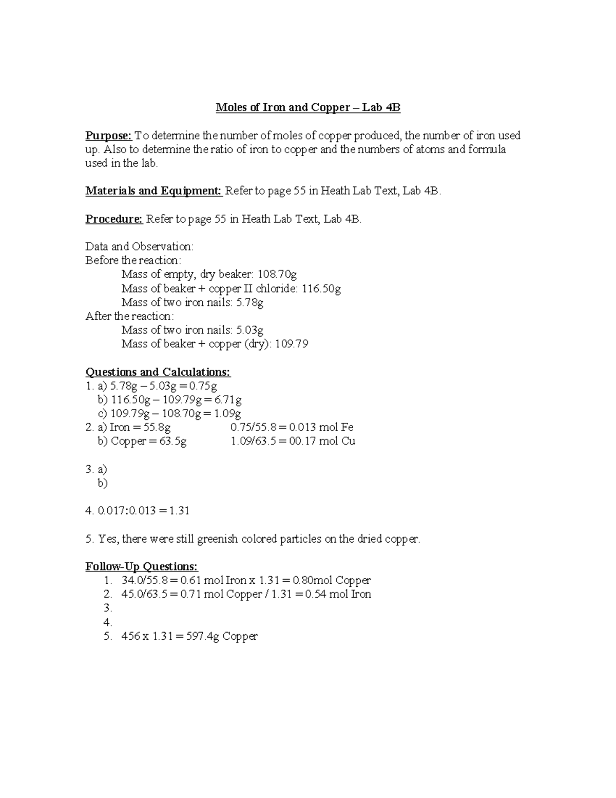 Chem 101 - Lab 4B: Moles of Iron and Copper Assessment - Studocu