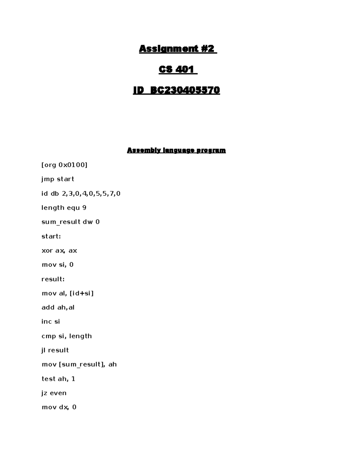 Assignment#2 - assignments solution - Cloud Computing - Assignment CS 401 ID BC Assembly ...