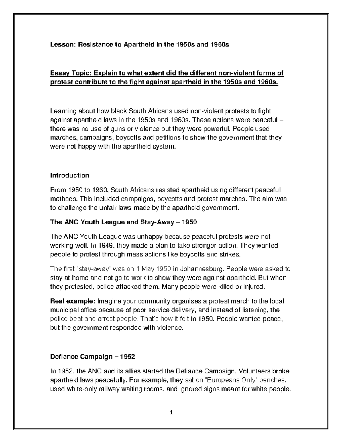 Lesson: Resistance to Apartheid in the 1950s and 1960s (Grade 11) - Studocu