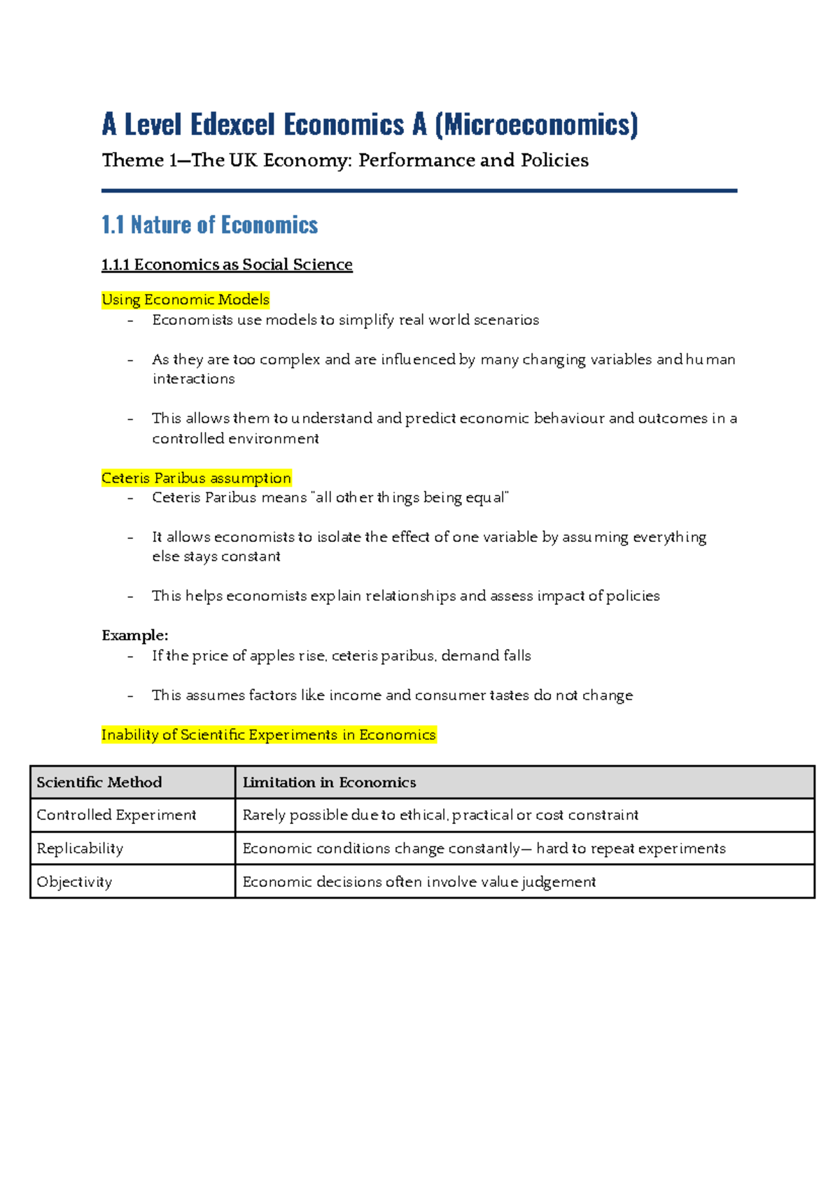 A Level Edexcel Economics A Microeconomics Theme 1 Revision Notes - Studocu
