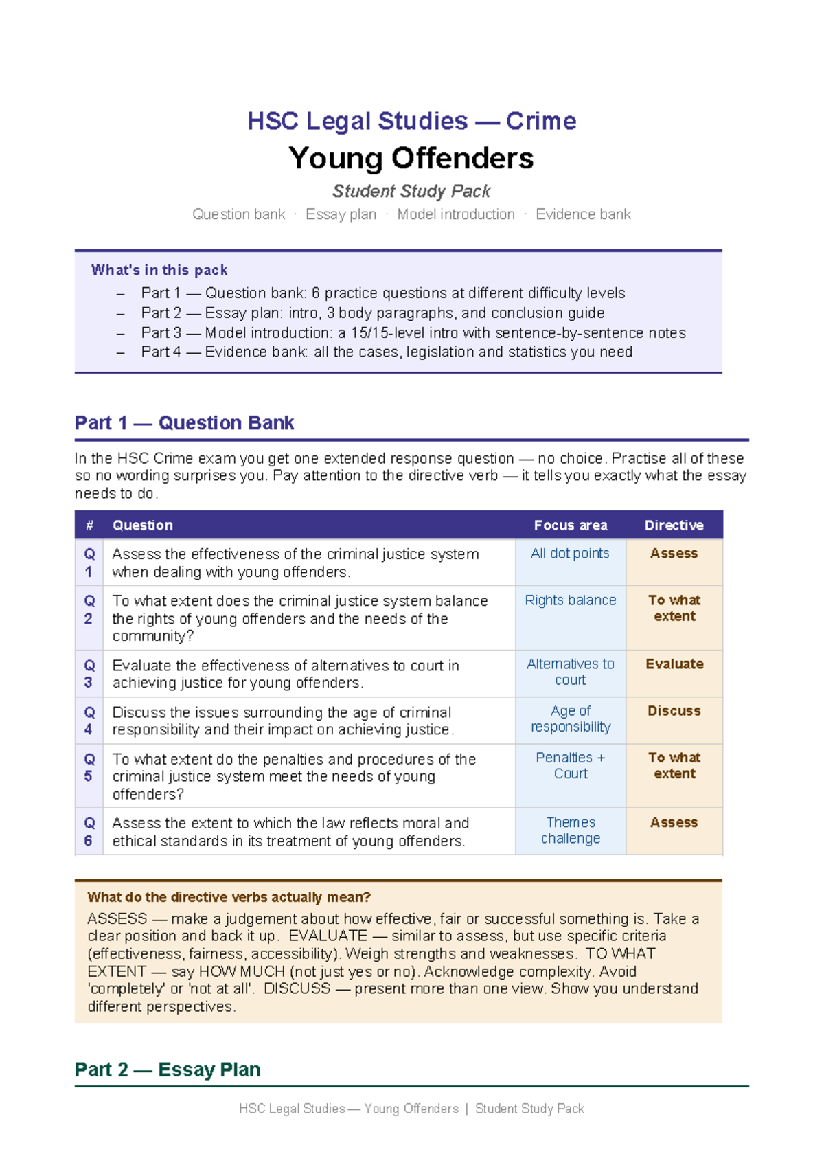 HSC Legal Studies Young Offenders Study Pack: Crime Essay & Evidence ...