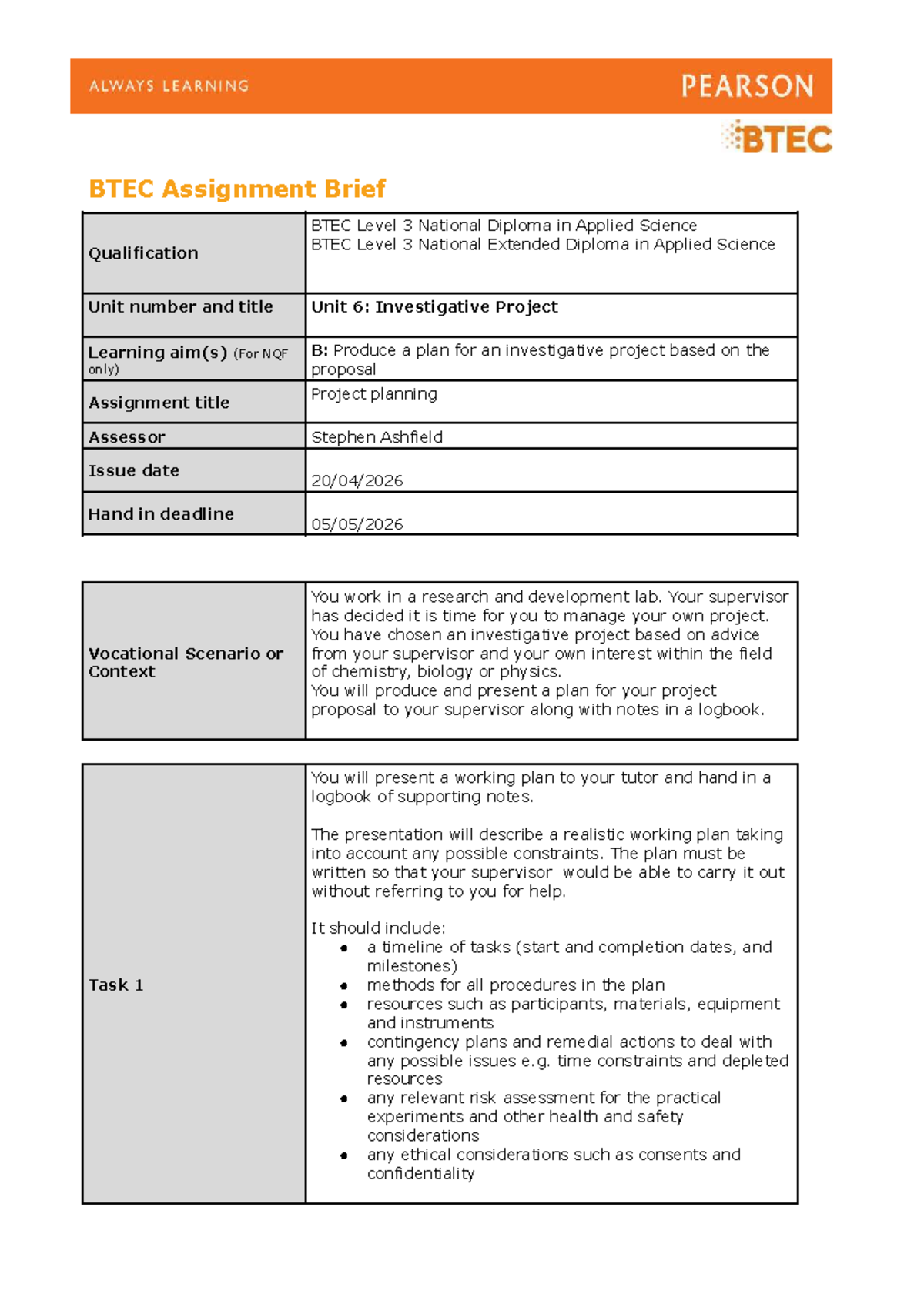 BTEC Level 3 Unit 6 Investigative Project Assignment Brief - Studocu