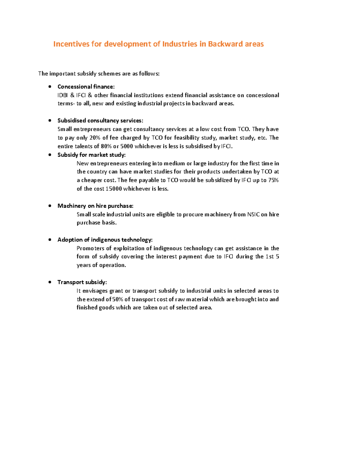 Incentives for development of Industries in Backward areas - Subsidised ...