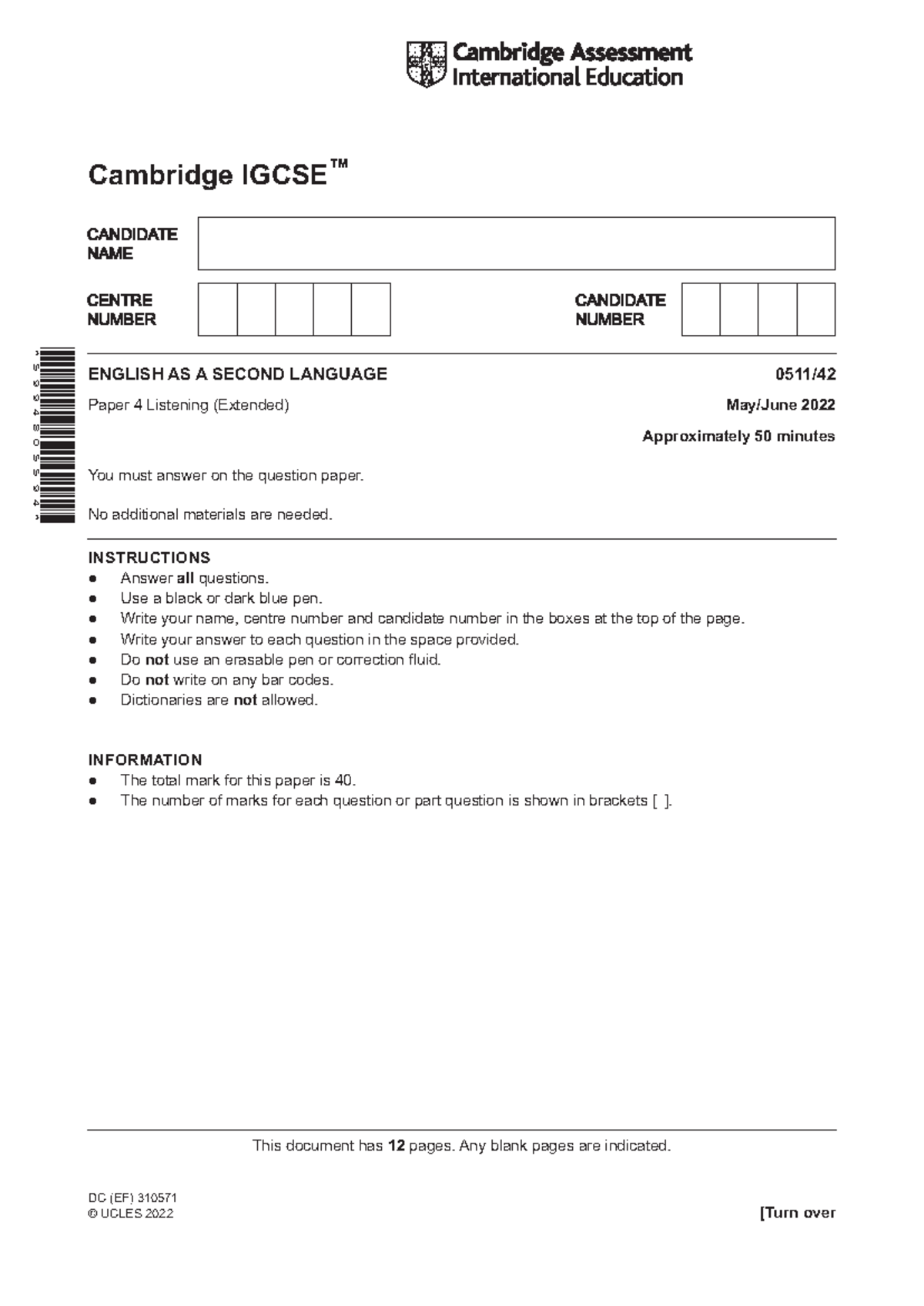 IGCSE 0511 ESL Paper 4 Listening Examination - May/June 2022 - Studocu