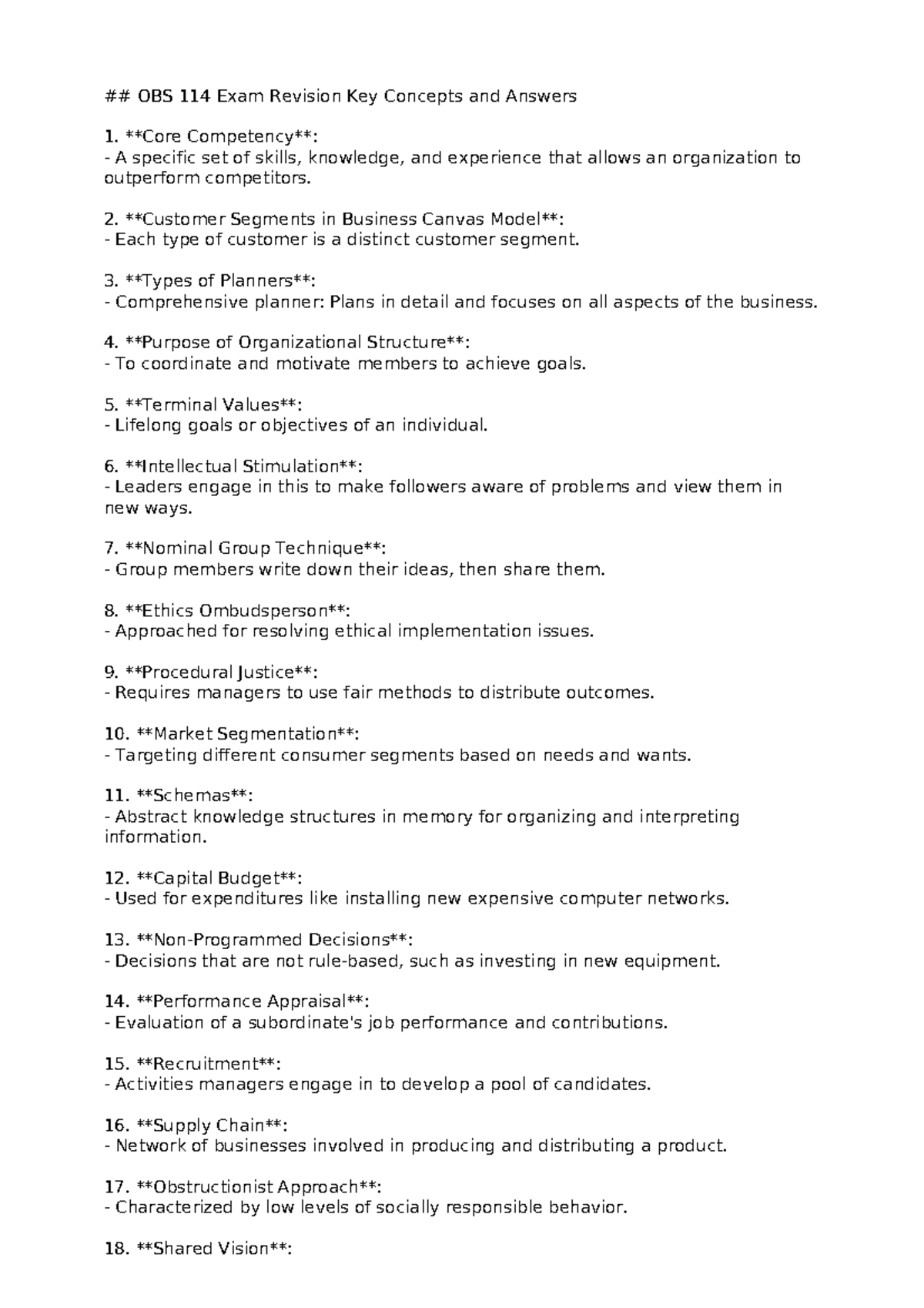 OBS 114 Exam Revision: Key Concepts and Answers Summary - Studocu