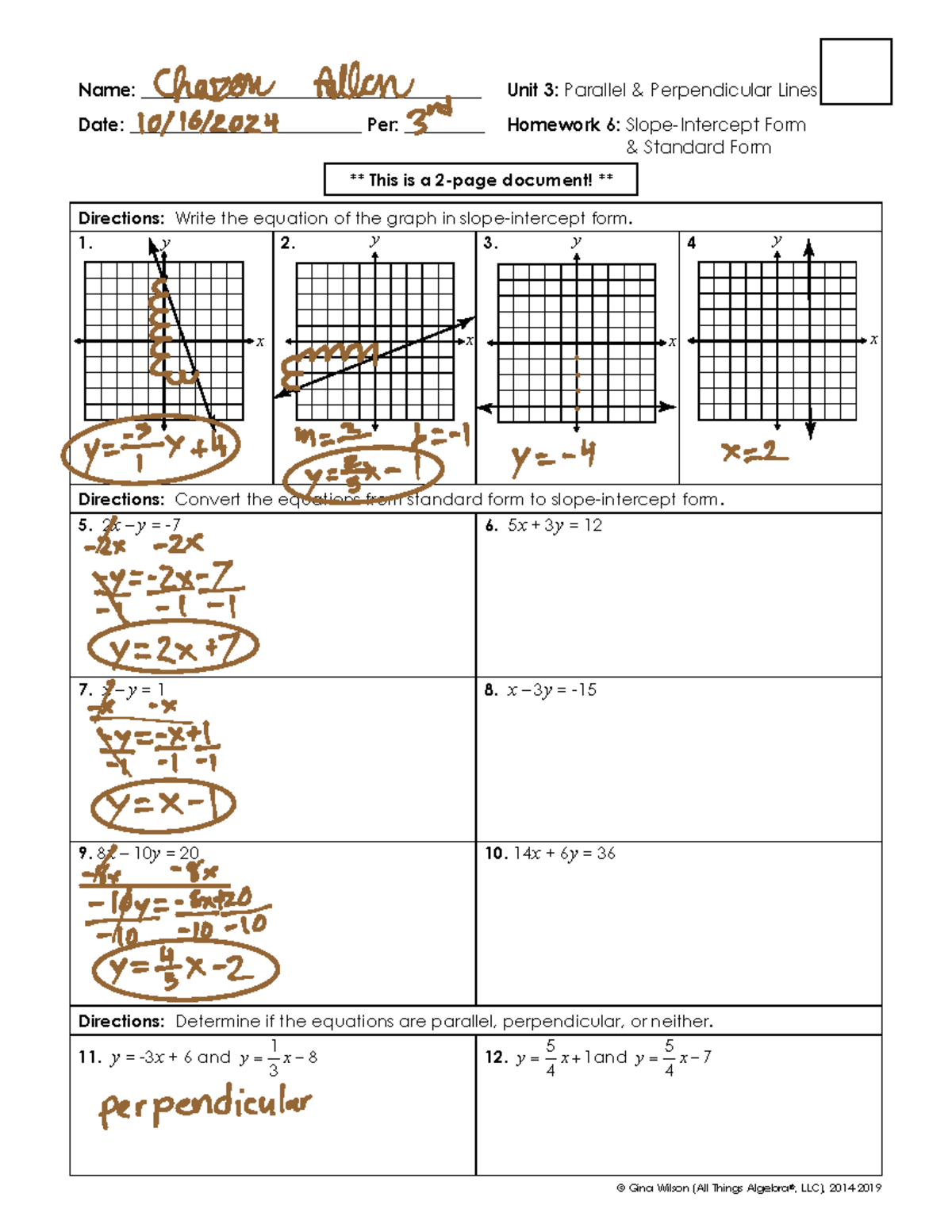 MATH 3 - Hw 6: Slope-Intercept & Standard Form Review - Studocu