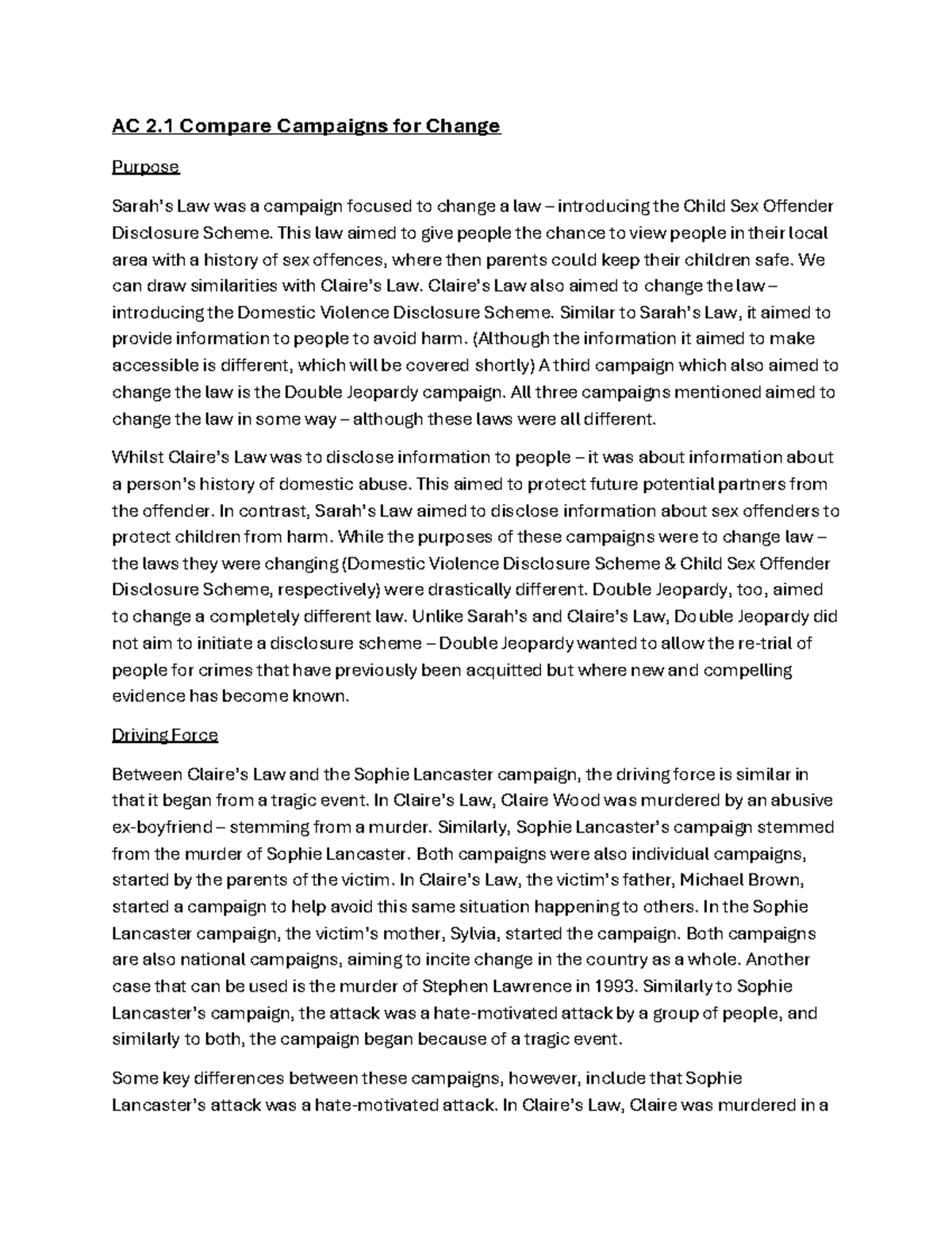 UNIT 1 C 2.1 Comparing Campaigns for Law Change and Impact - Studocu