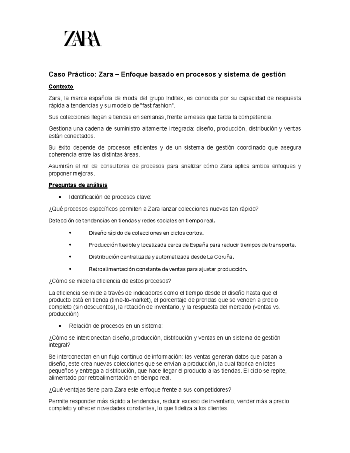 Caso Práctico: Análisis de Procesos y Gestión en Zara (Cód. Zara) - Studocu