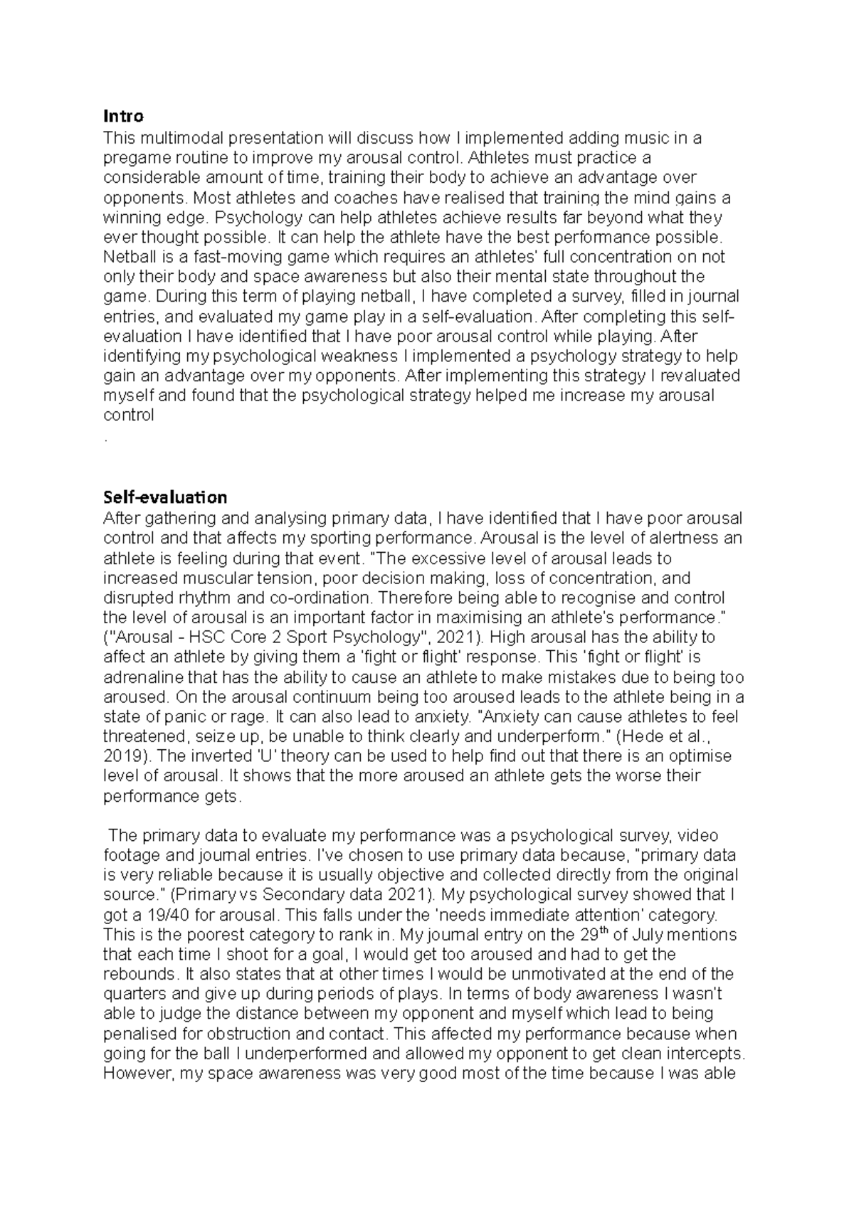 HPE Assignment: Enhancing Arousal Control in Netball Performance - Studocu