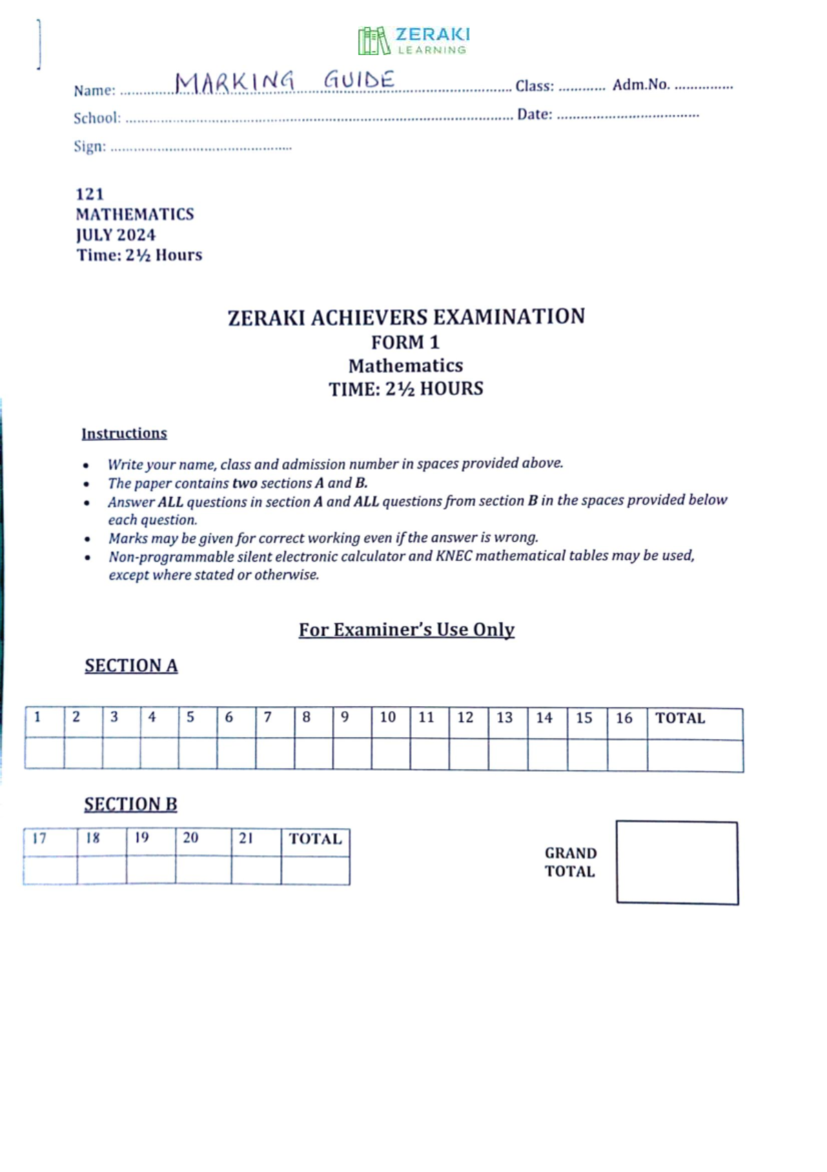 Maths answer sheet - Just papers - ZERAKI LEARNING Name: MARKING GUIDE ...