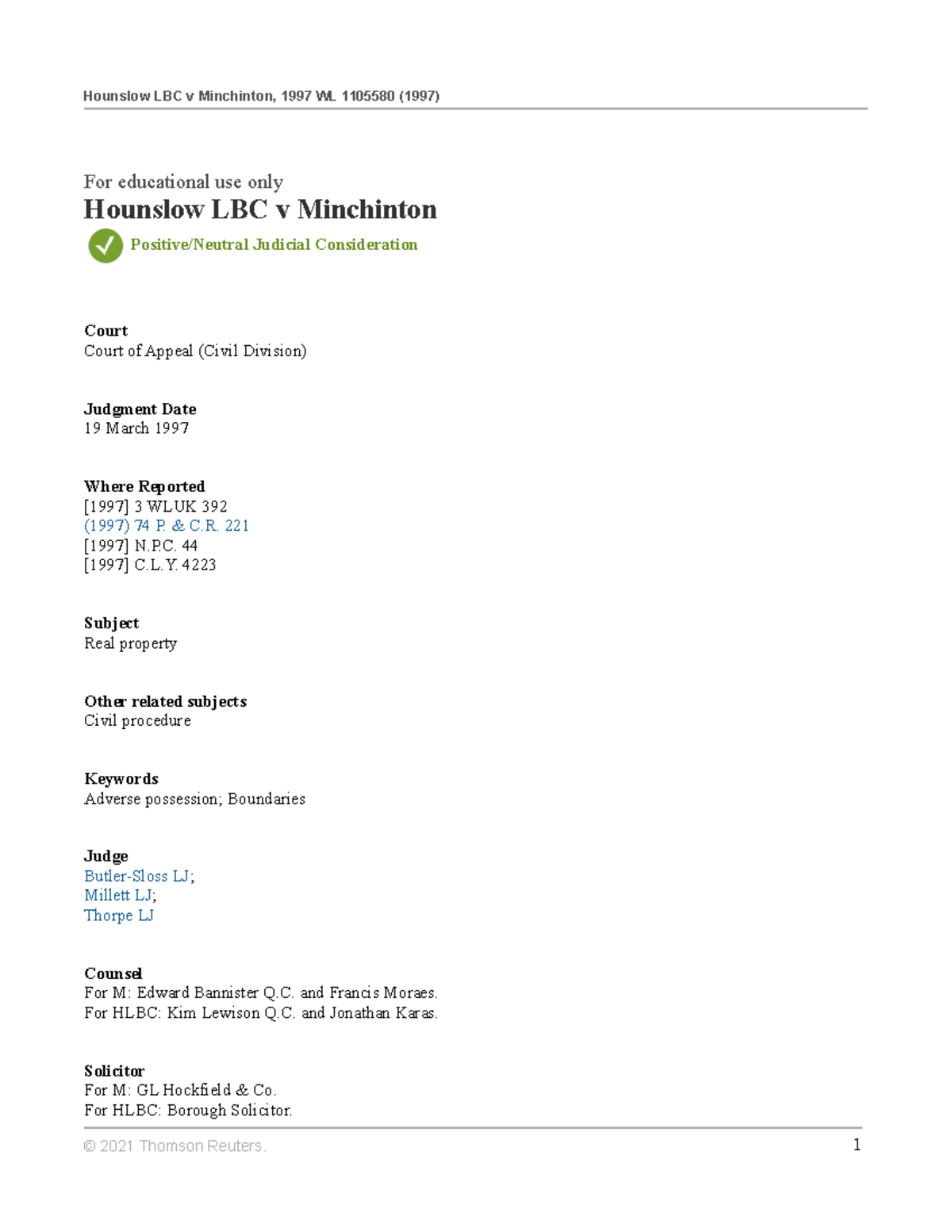Hounslow LBC v Minchinton Case Summary (1997) - Court of Appeal Analysis - Studocu