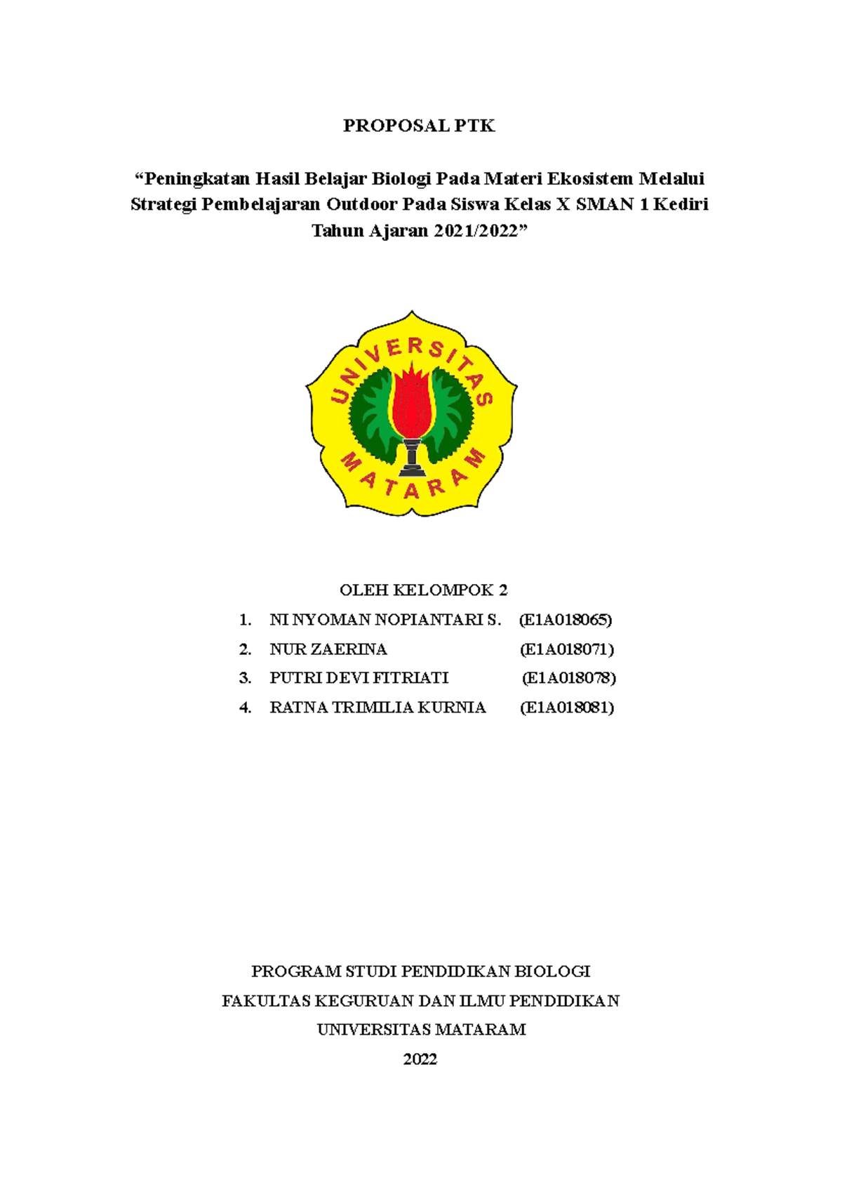 Proposal PTK: Strategi Pembelajaran Outdoor untuk Kelas X Biologi - Studocu
