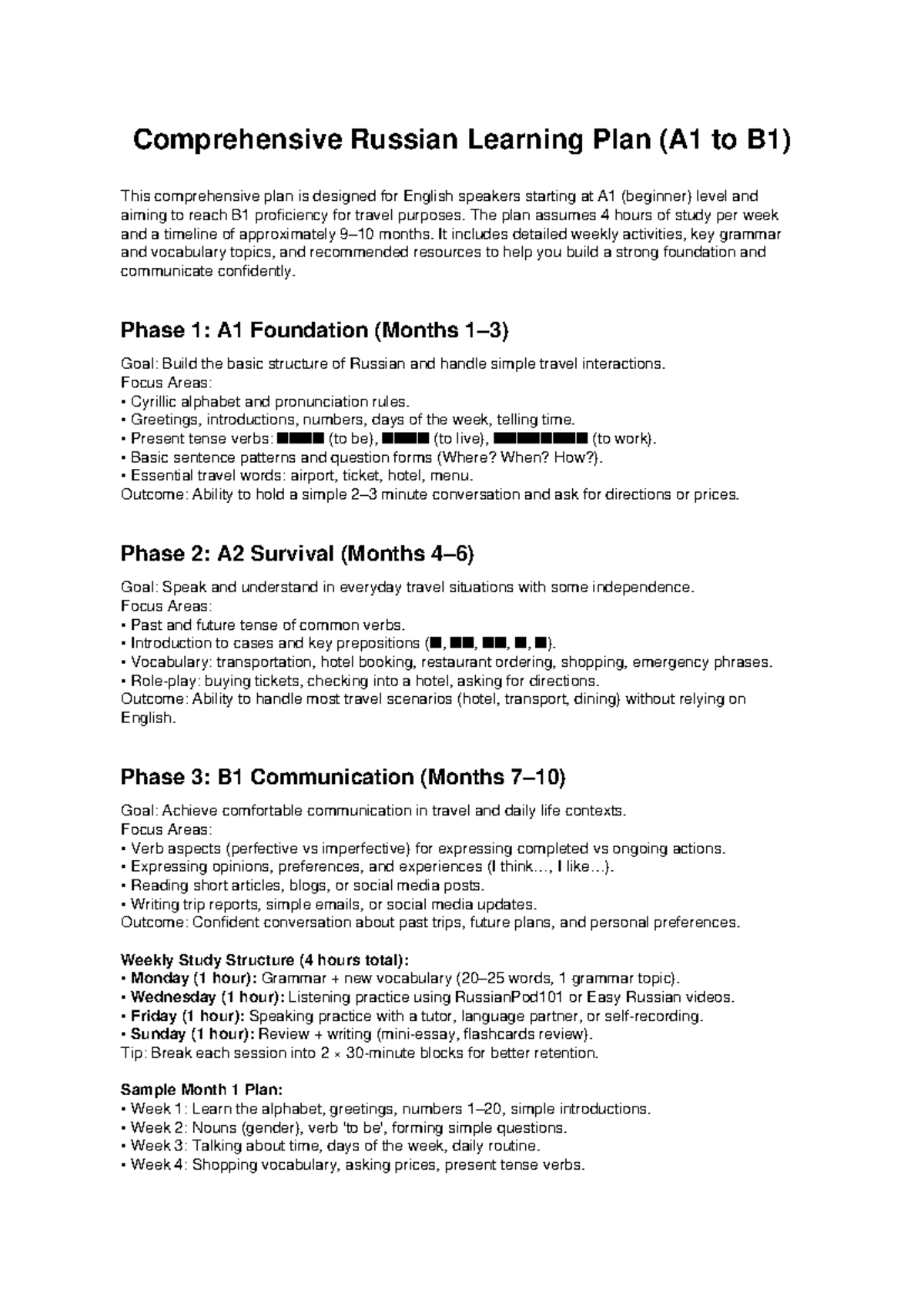 Detailed Russian Learning Plan (A1 to B1) with Textbooks - Studocu