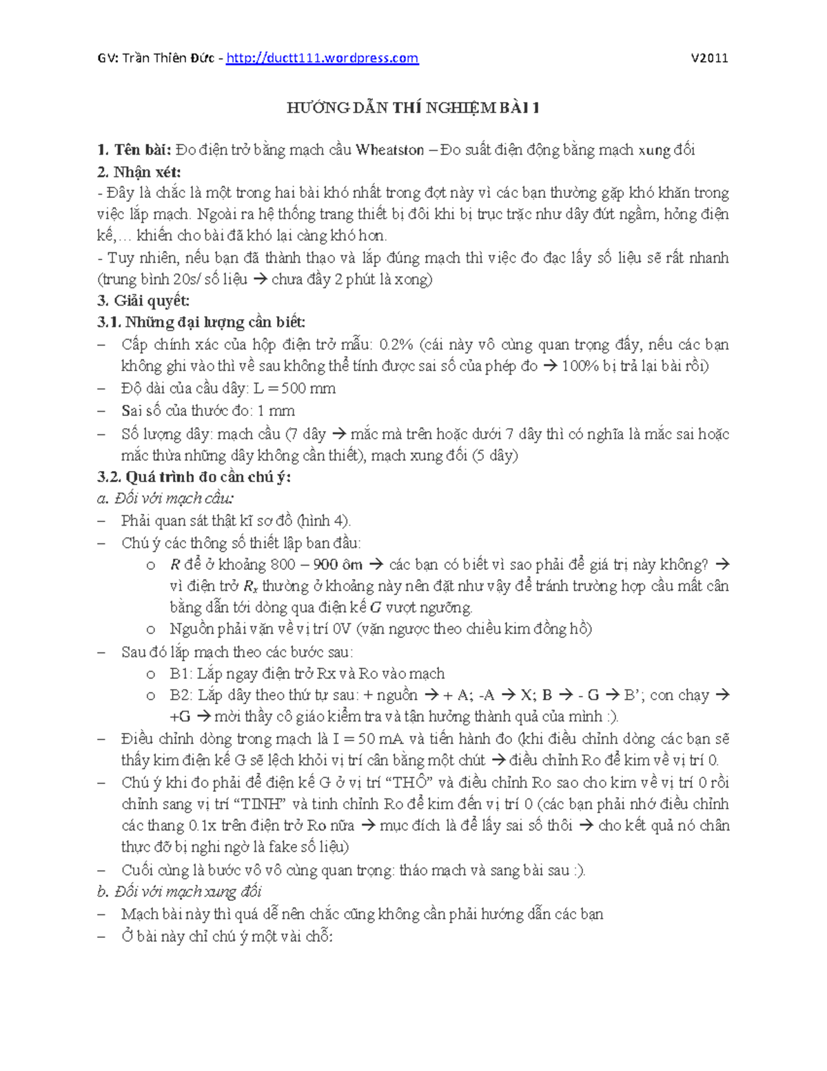 Hướng dẫn thí nghiệm - dsadsad - HƯỚNG DẪN THÍ NGHIỆM BÀI 1 Tên bài: Đo ...