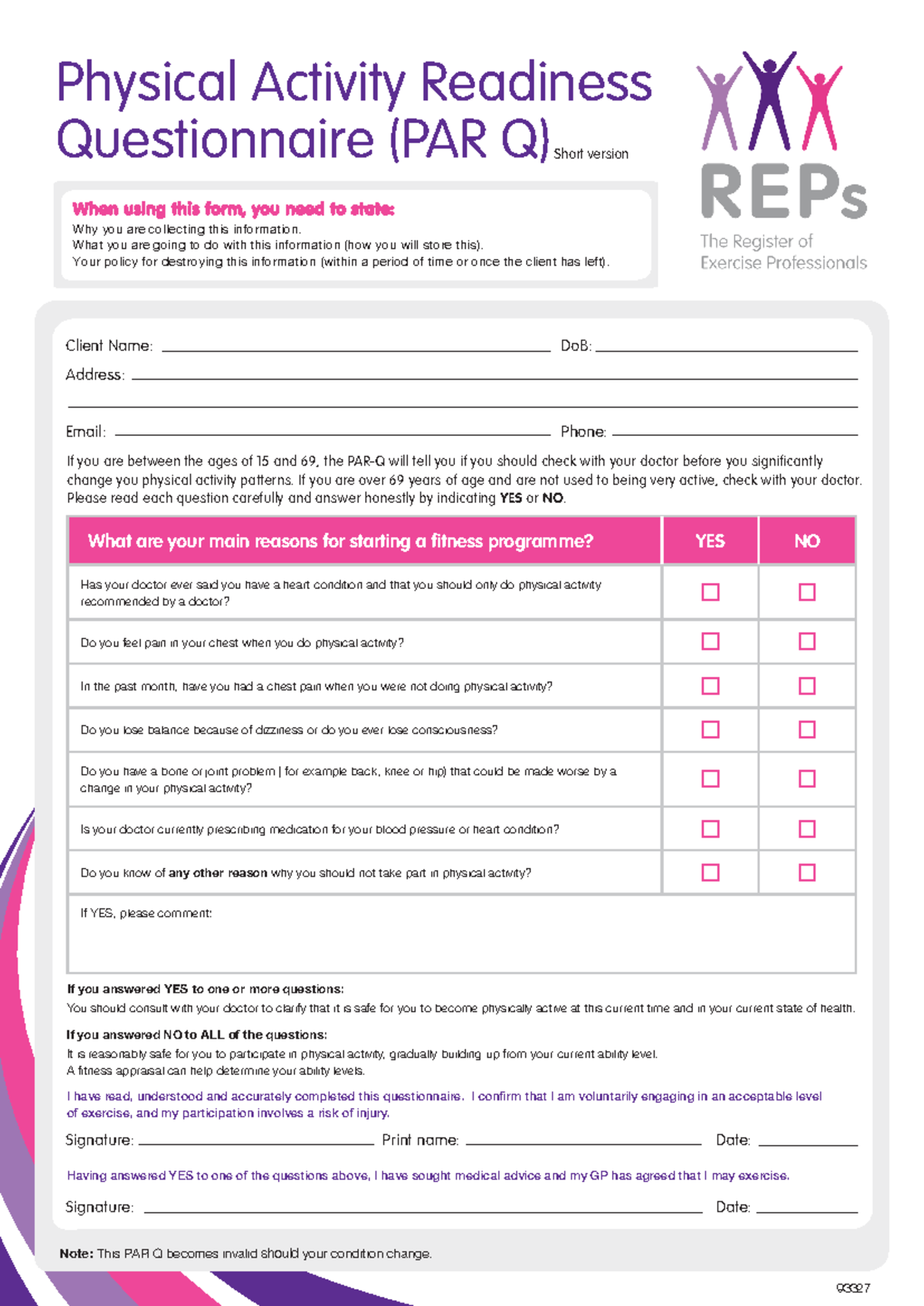 REPs PAR-Q Short Version Questionnaire for Fitness Readiness - Studocu