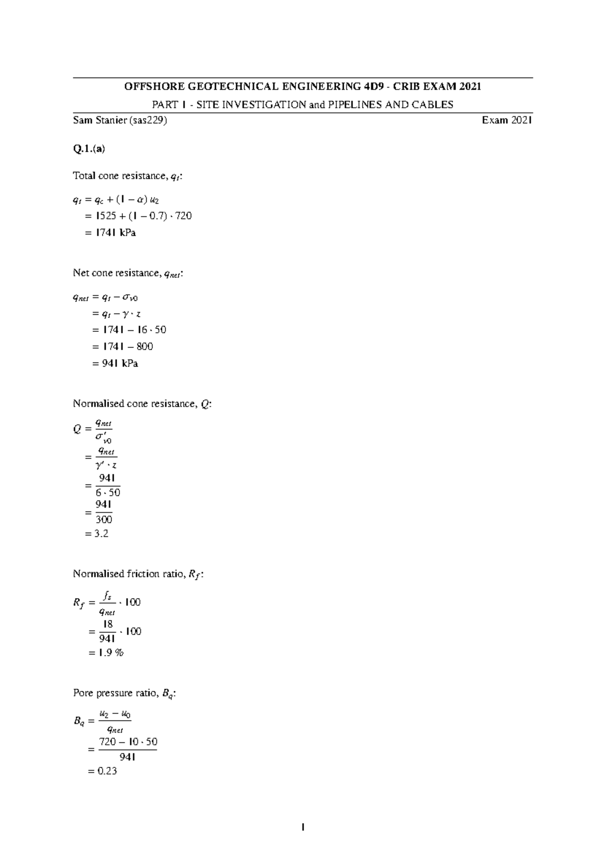 Offshore Geotechnical Engineering 4D9 Crib Exam 2021: Site ...