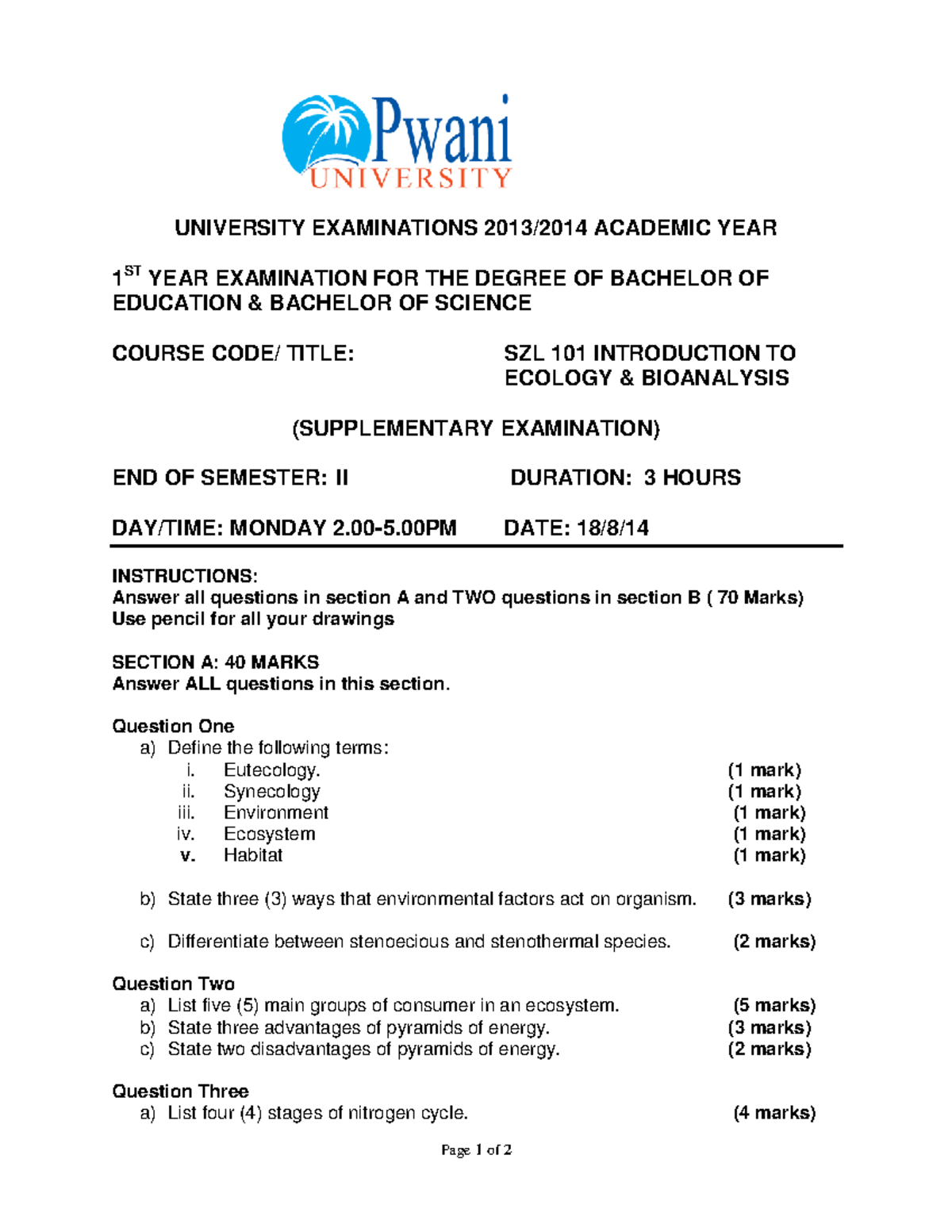 SZL 101 Supplementary Exam: Introduction to Ecology & Bioanalysis - Studocu