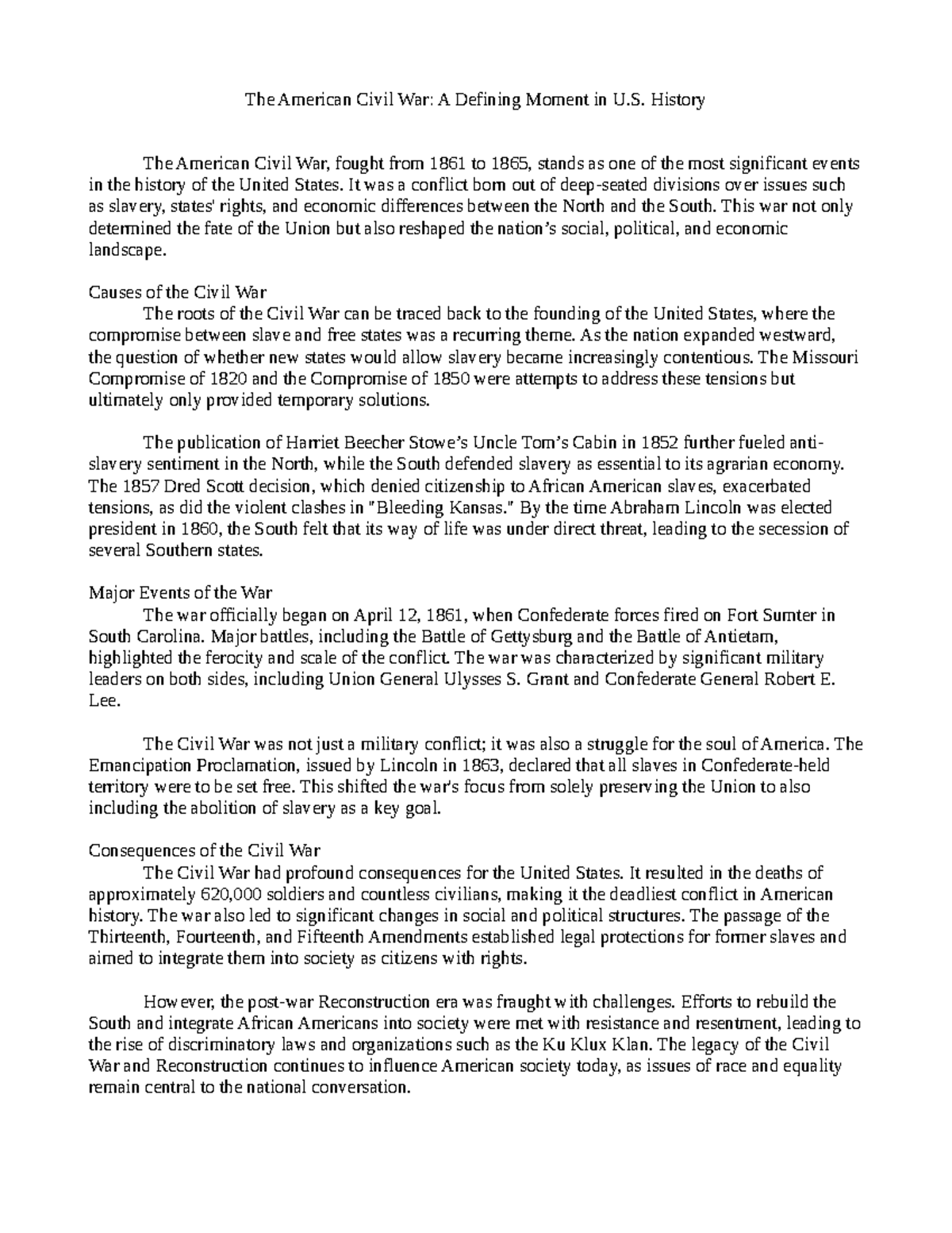 American Civil War Essay: Key Causes, Events & Lasting Impacts - Studocu