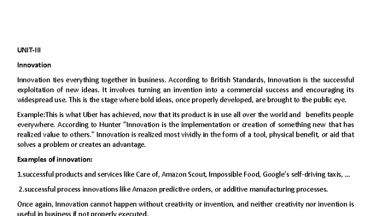 DTI-UNIT-III - The Role of Innovation and Creativity in Business - Studocu