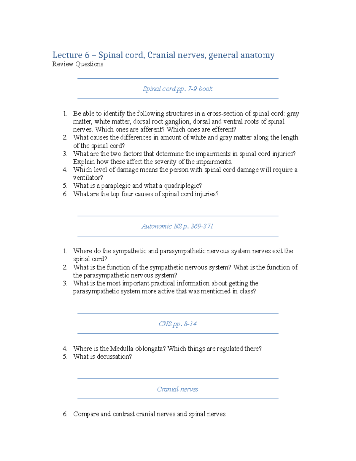 Lecture 6: Spinal Cord, Cranial Nerves, and General Anatomy Notes ...