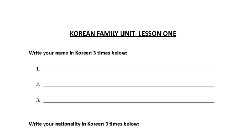 KOREAN FAMILY UNIT - LESSON ONE Activities and Vocabulary - Studocu