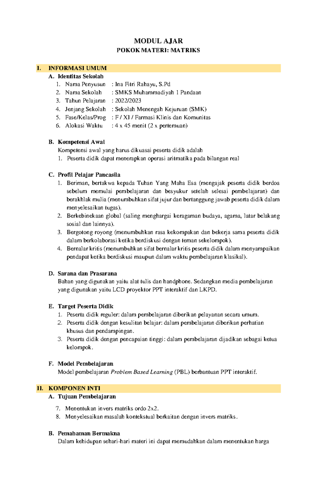 MA Matrik - Modul Ajar SMK F XI: Invers dan Permasalahan Kontekstual ...