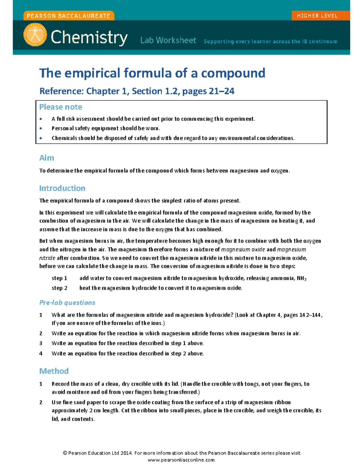 Topic 1.2 - Empirical Formula of Magnesium Oxide Experiment - Studocu