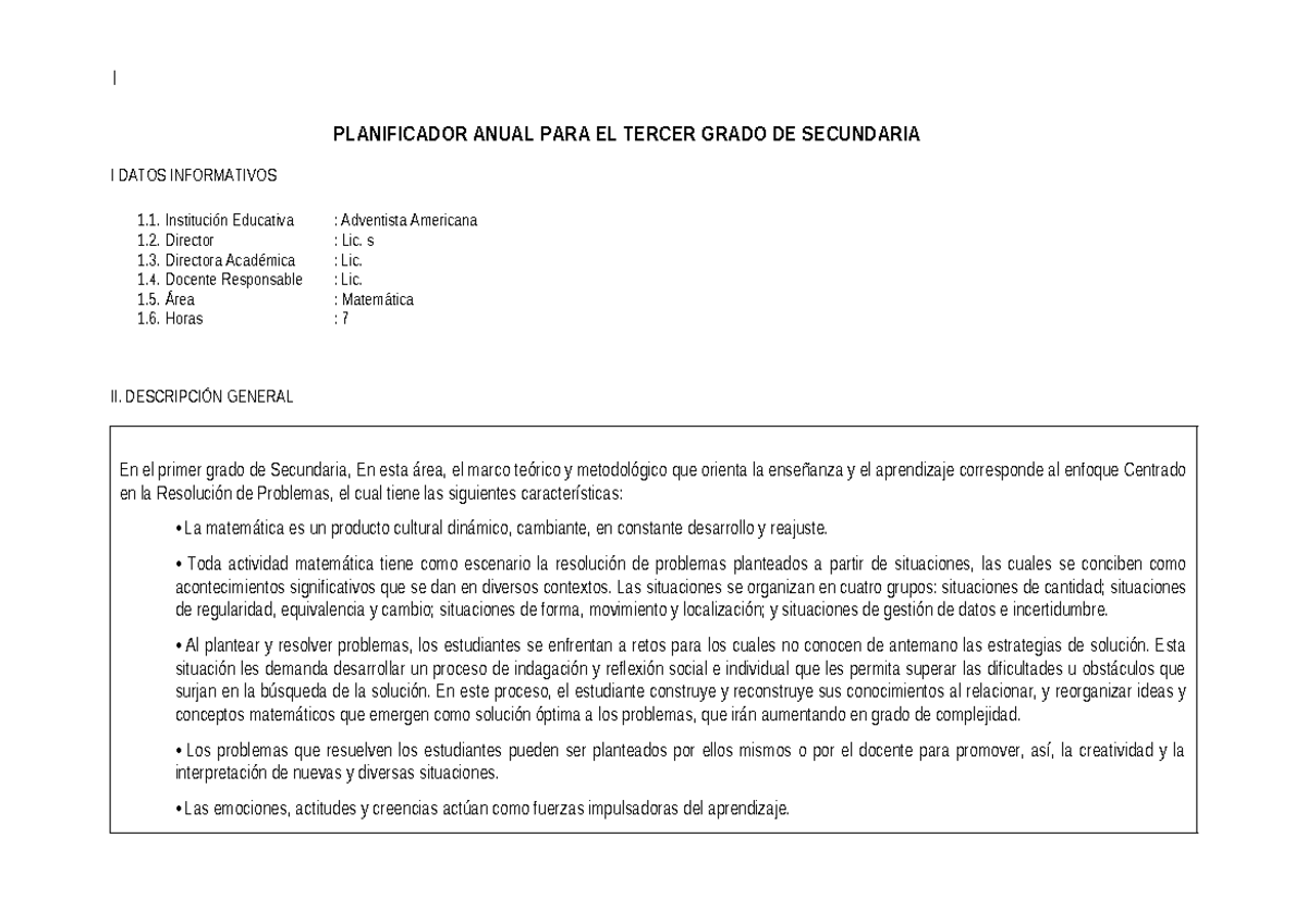 Planificador Anual de Matemáticas 3° Secundaria I 2023 - Studocu