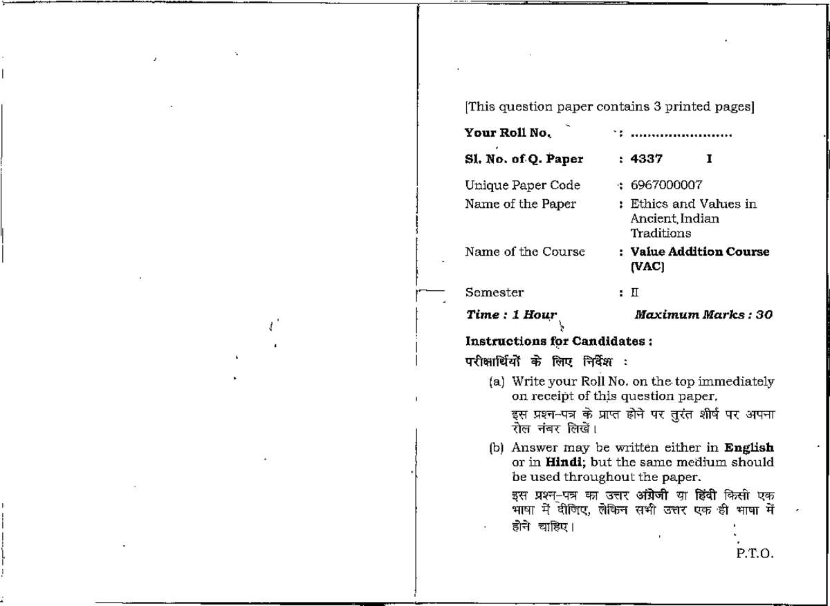 Ethics & Values in Ancient Indian Traditions (IVAC) - Question Paper ...