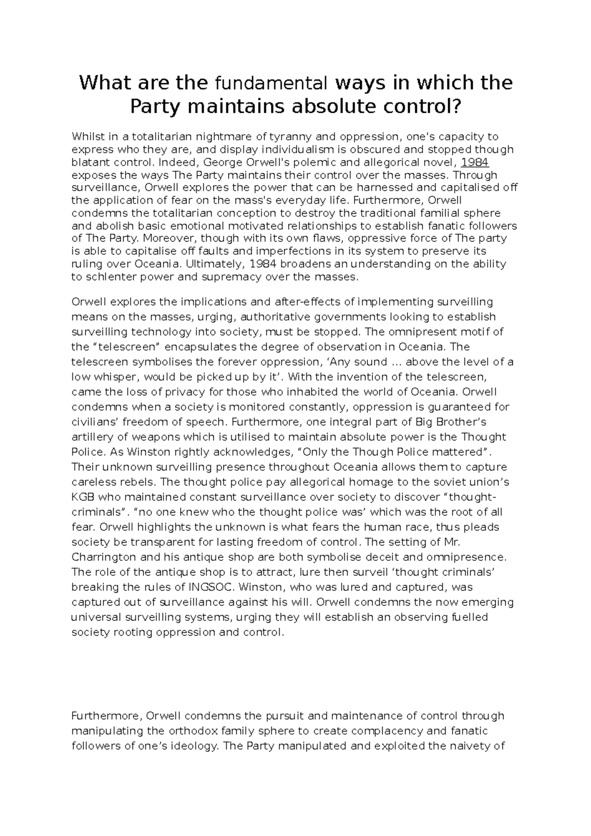 The Party's Mechanisms of Absolute Control in Orwell's 1984 - Studocu