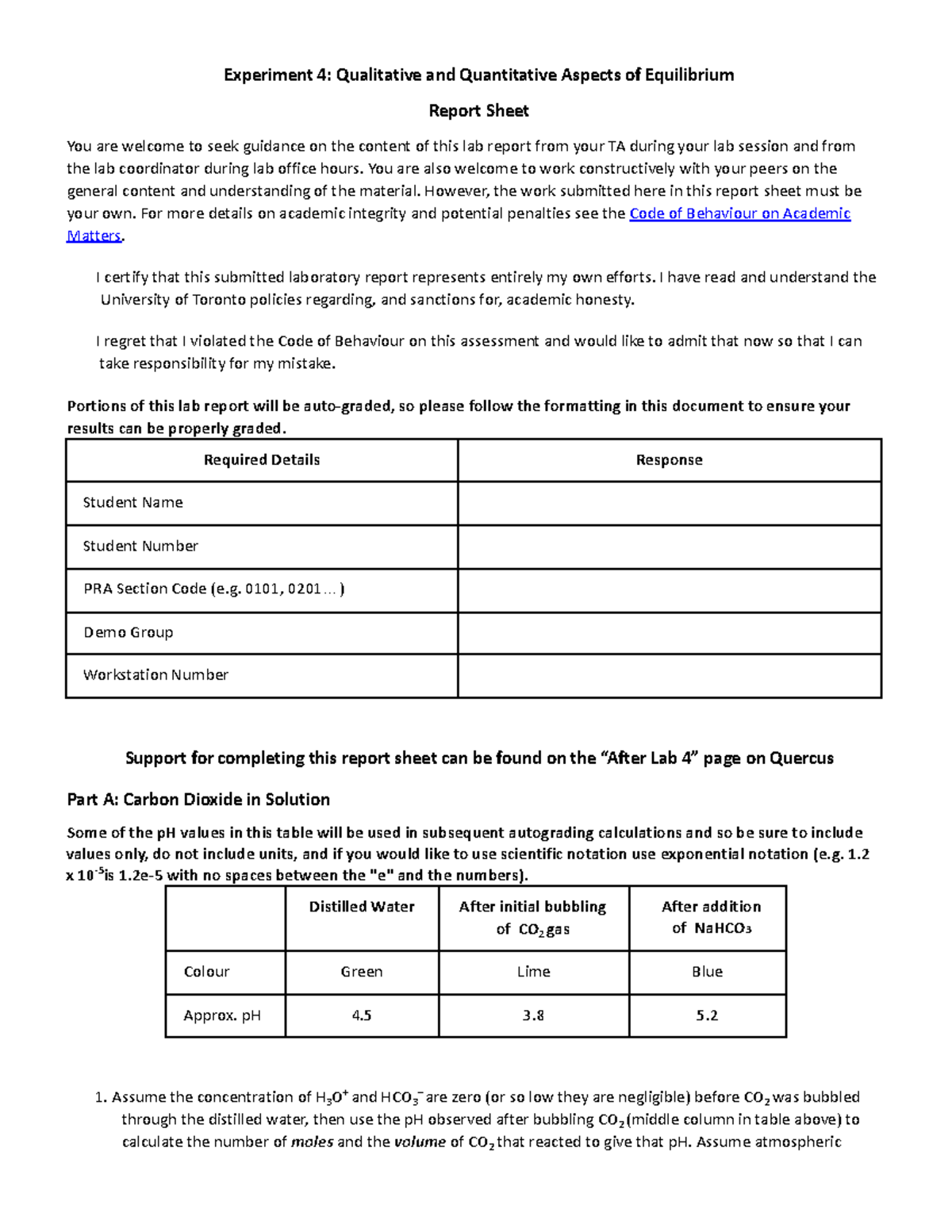 CHM135 Lab 4: Equilibrium & Titration Analysis Report Sheet - Studocu