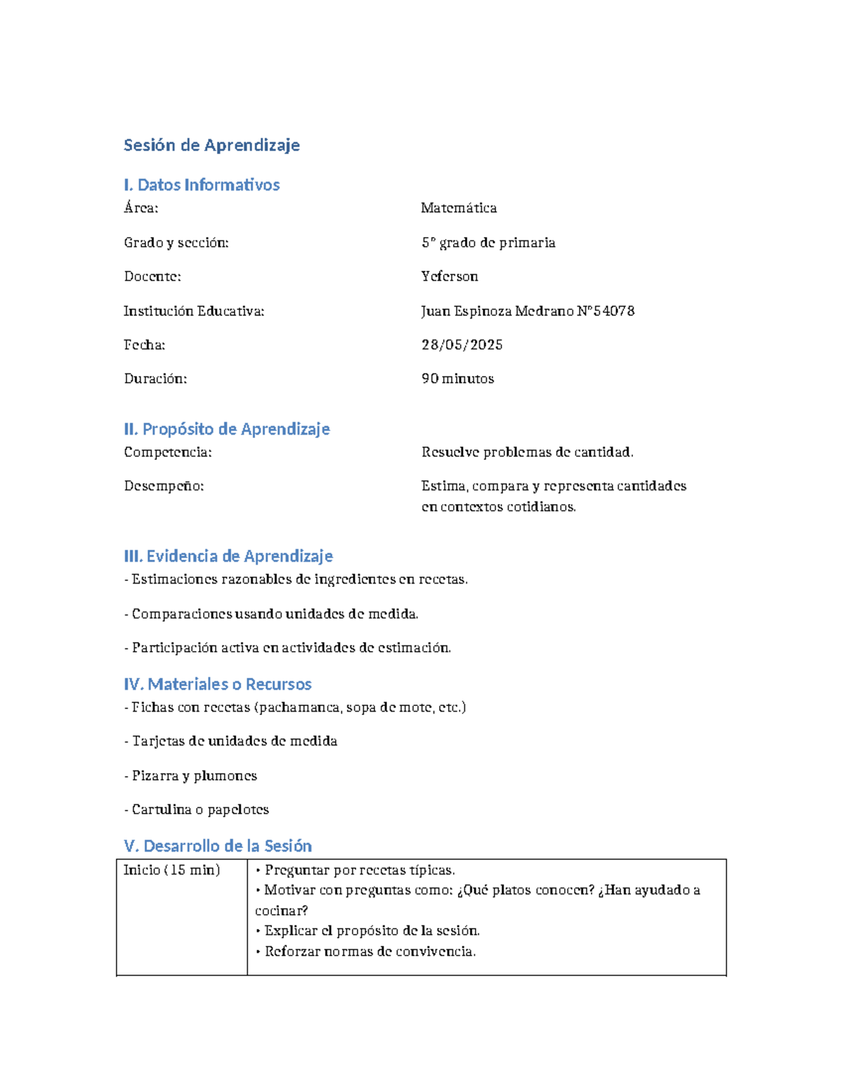Sesión de Aprendizaje I: Estimación de Recetas en Matemática 5to - Studocu