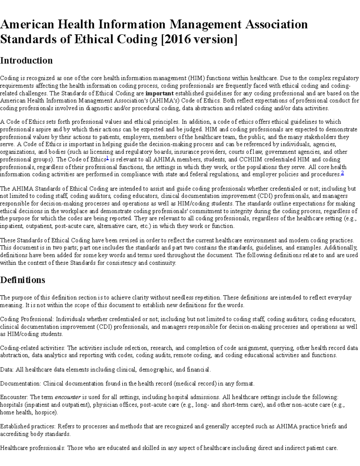 AHIMA Standards of Ethical Coding: Guidelines for HIM Professionals - Studocu