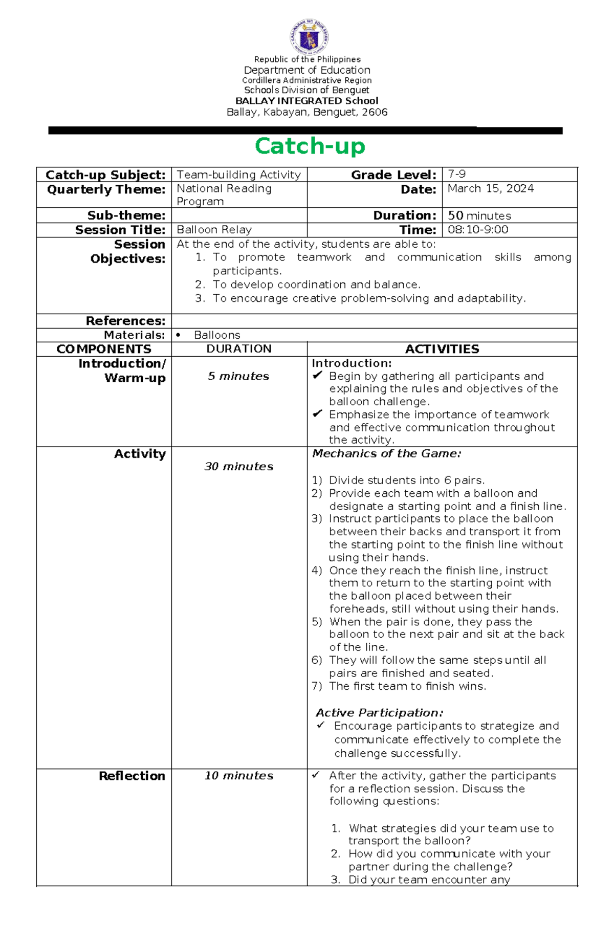 Balloon Challenge - An activity plan for a reading program. - Republic ...