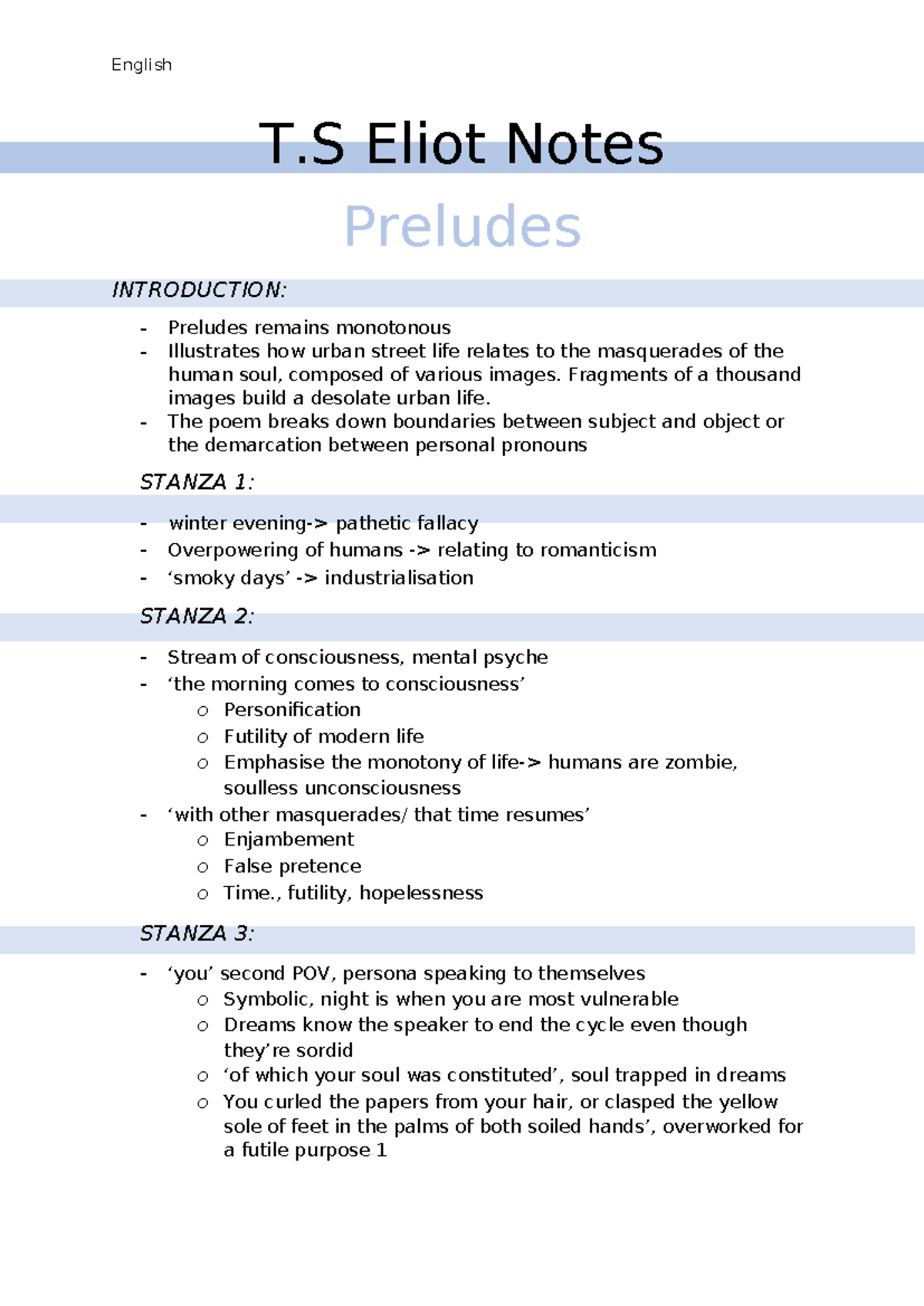English T.S. Eliot Notes: Preludes & Love Song Analysis - Studocu