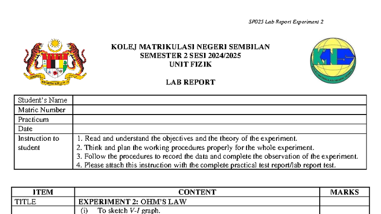 SP025 Lab Report: Experiment 2 on Ohm's Law Analysis - Studocu