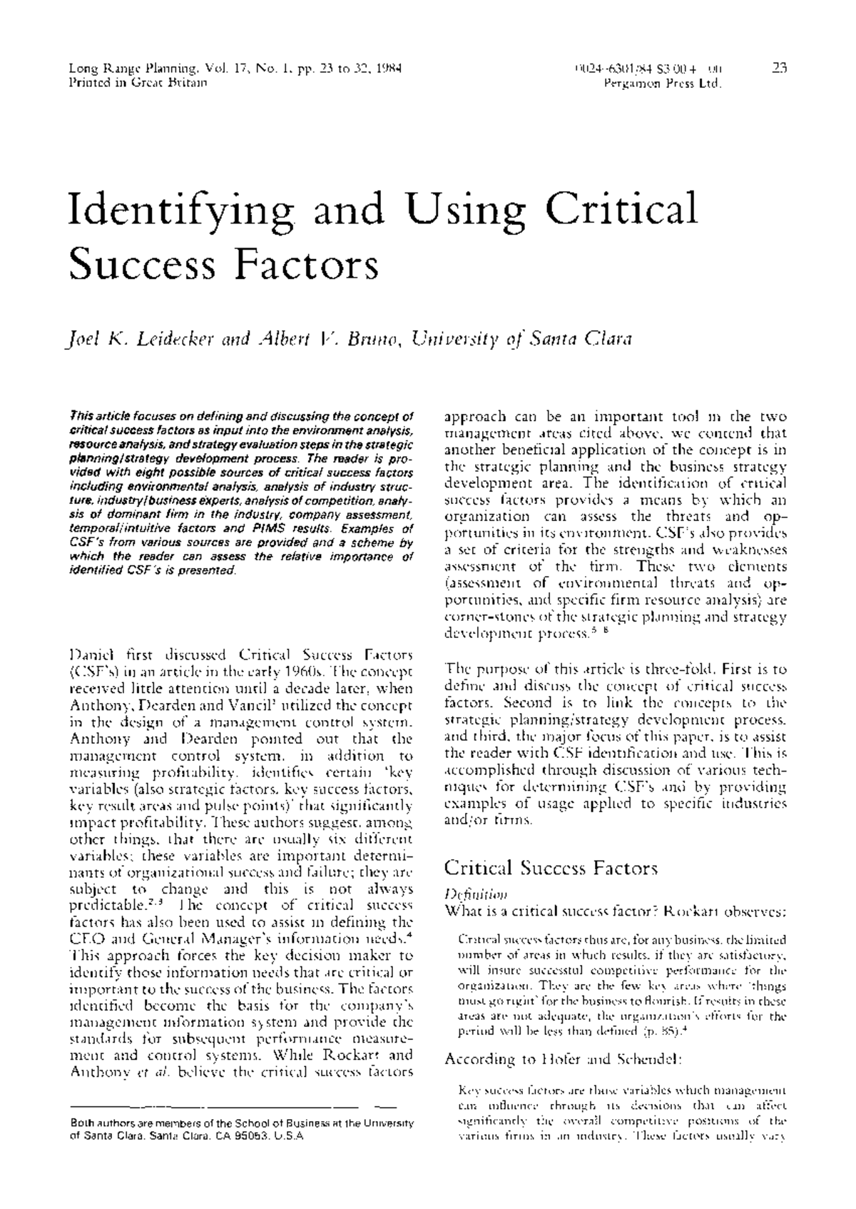 Identifying and Using Critical Success Factors - Leidecker 1984 ...