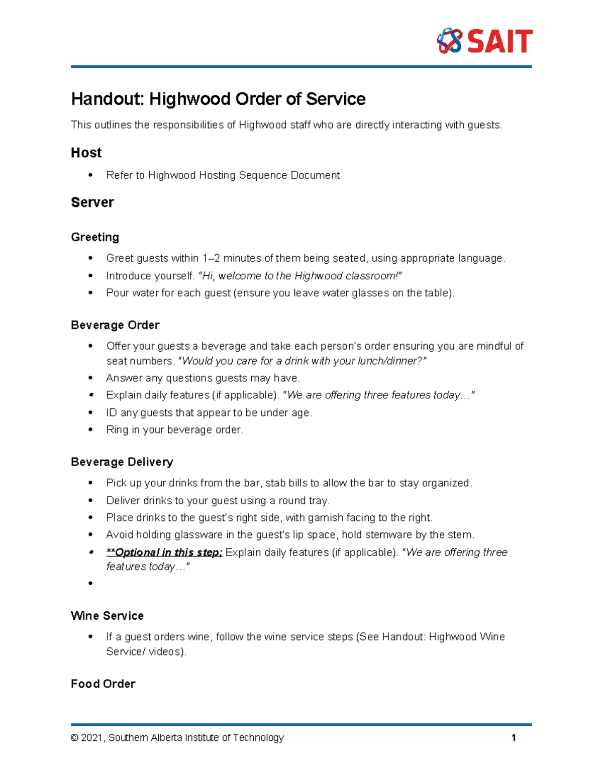 Handout: Highwood Order of Service Guidelines for Staff - Studocu