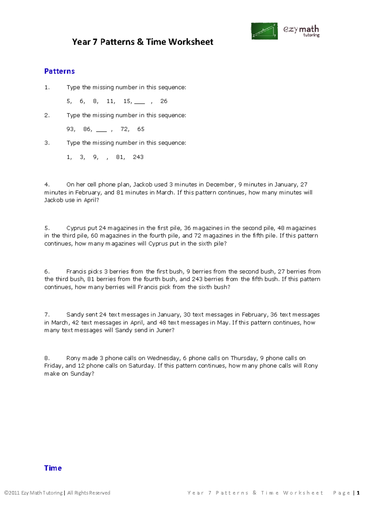 Year 7 Patterns and Time Worksheet - Year 7Patterns & TimeWorksheet ...