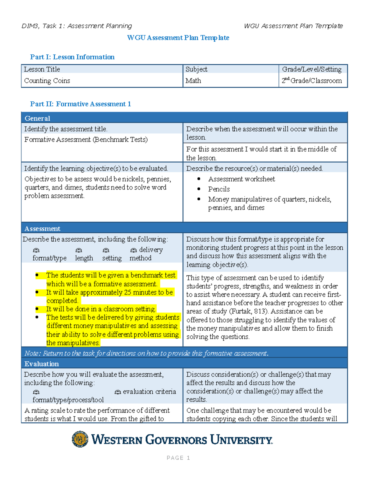 D093 Task1 (1) - passed on firt try d093 task 1 - WGU Assessment Plan Template Part I: Lesson ...