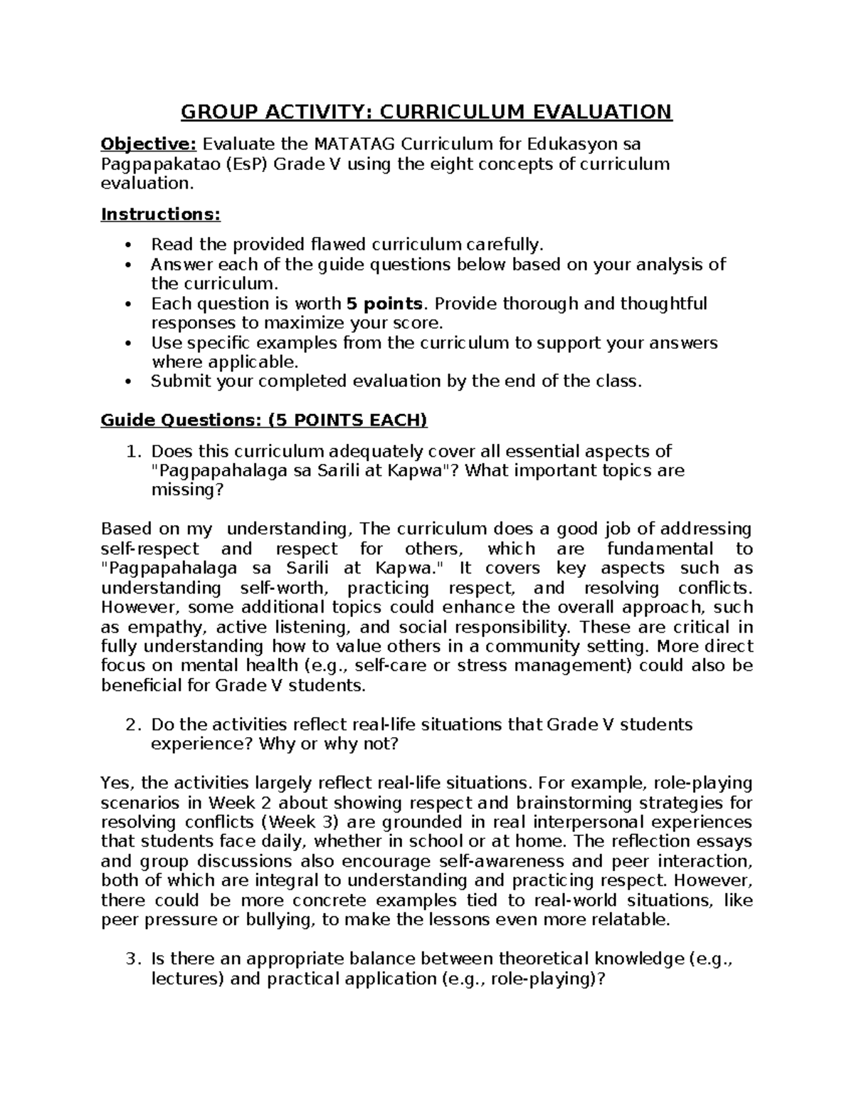 Group Activity Denver Martinez - GROUP ACTIVITY: CURRICULUM EVALUATION ...