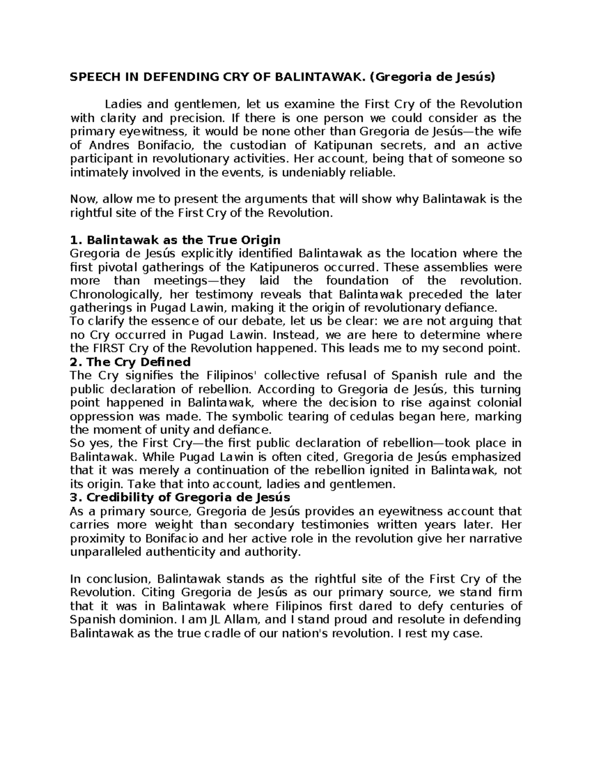 Debate Speech: Defending Balintawak as the First Cry Site in Philippine ...