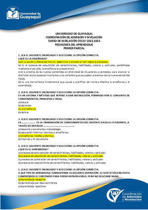 Cuestionario matemáticas II Parcial - UNIVERSIDAD DE GUAYAQUIL COORDINACION DE ADMISION Y ...
