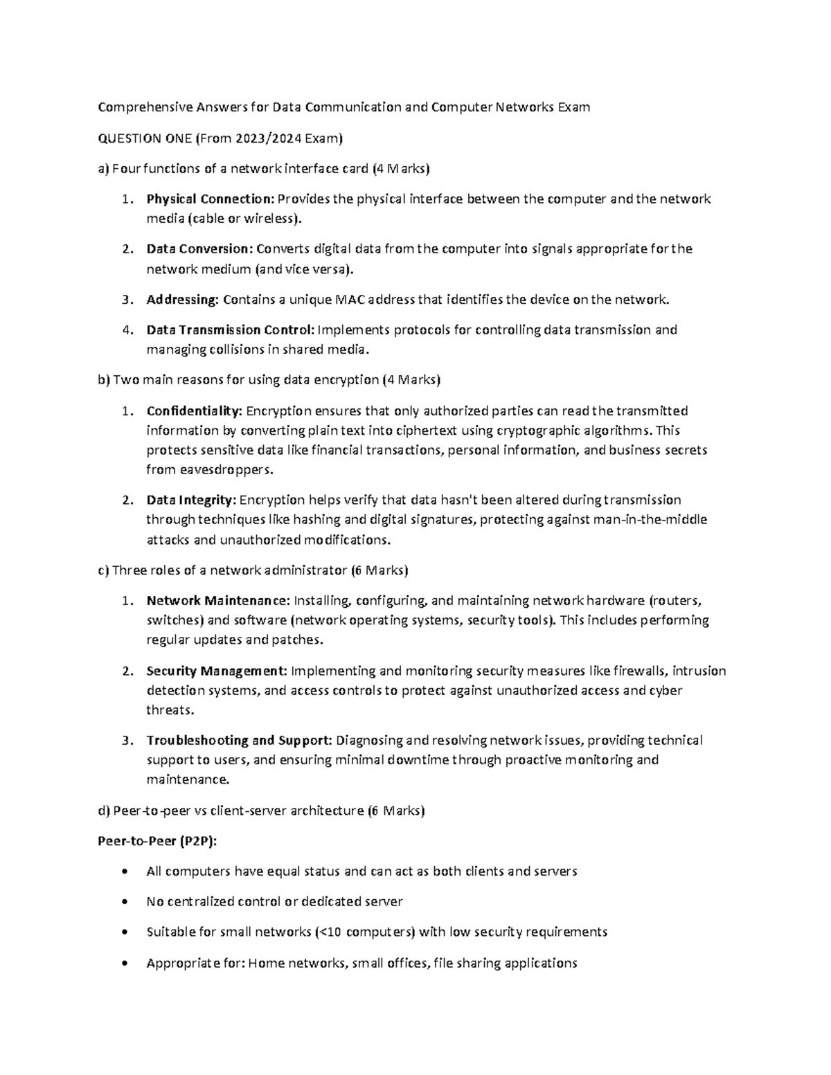 Comprehensive Exam Answers for Data Communication & Computer Networks ...