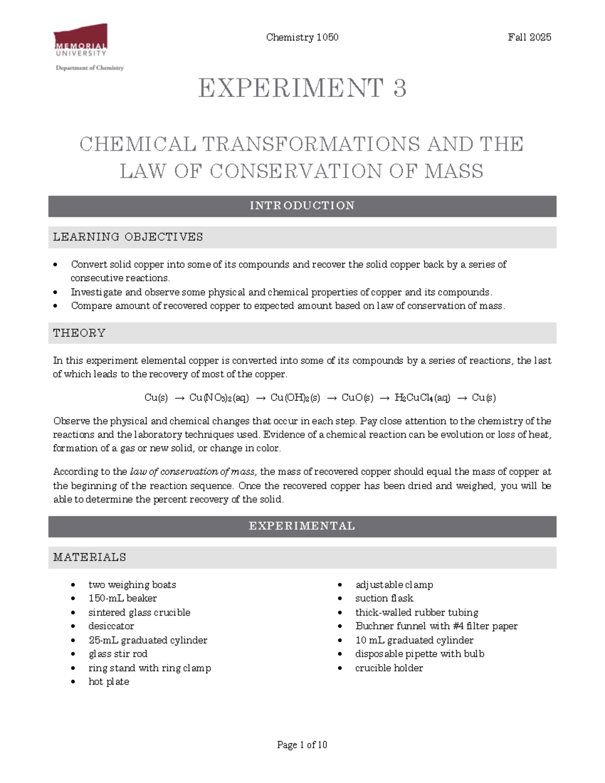 Chemistry 1050 Fall 2025 Lab Report: Experiment 3 - Cu Transformations - Studocu