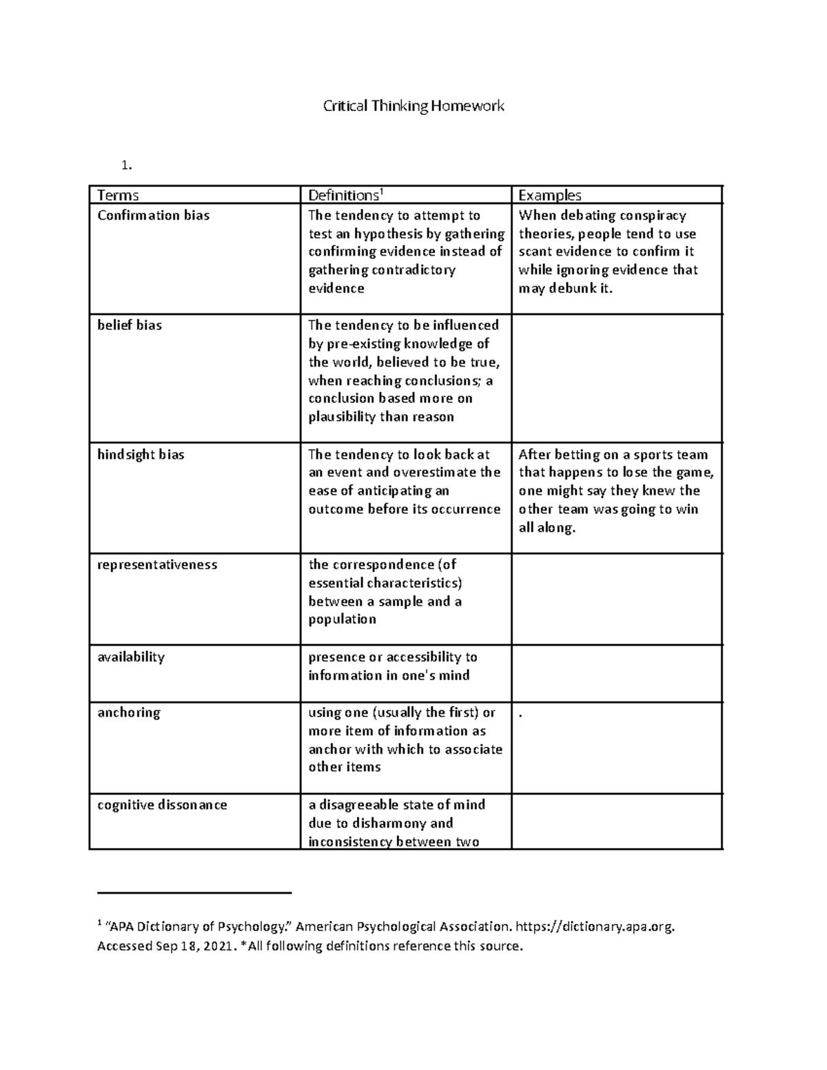 CTL HW #1 - On cognitive biases - Critical Thinking Homework Terms ...
