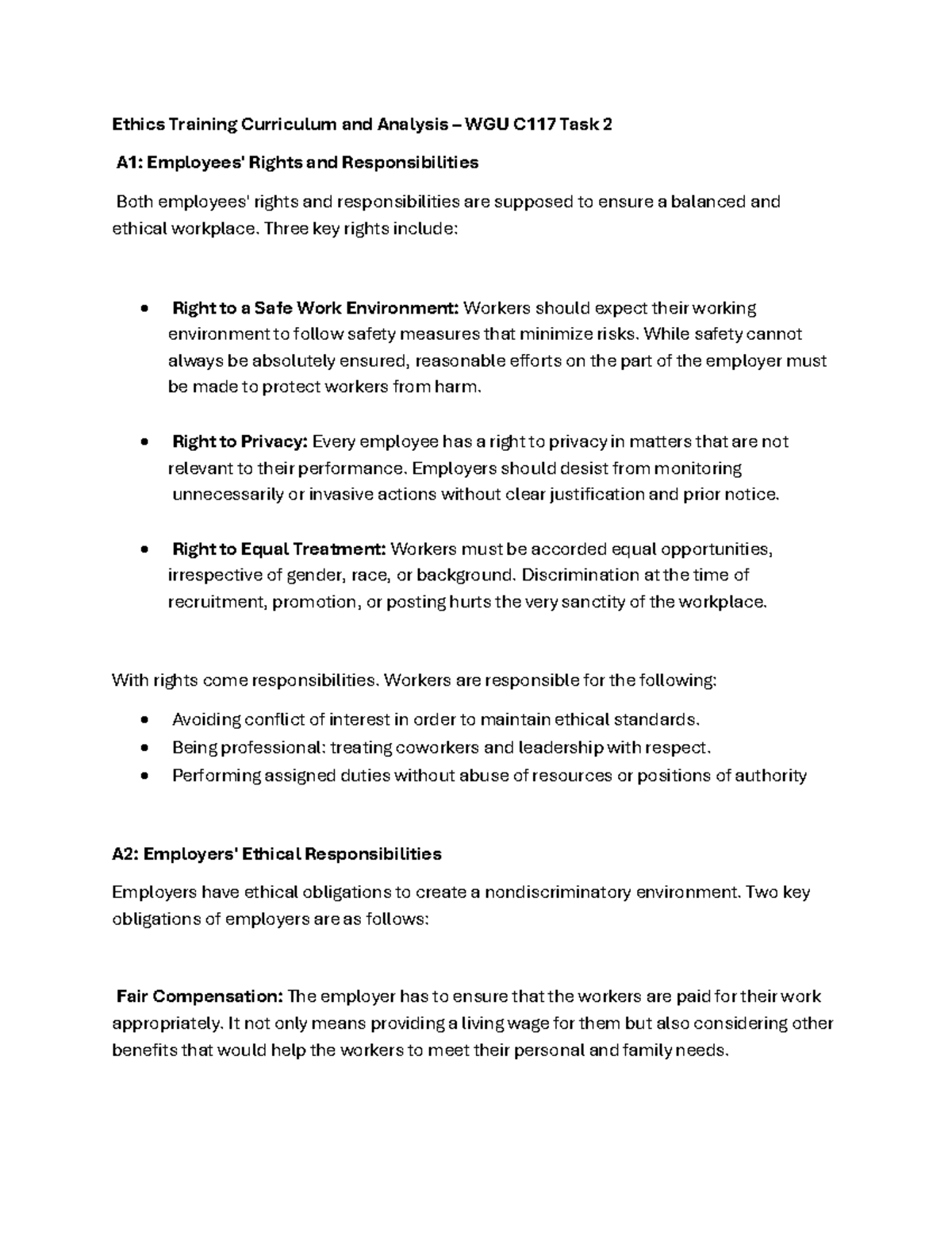 Business Ethics C717 task 2 - Ethics Training Curriculum and Analysis ...