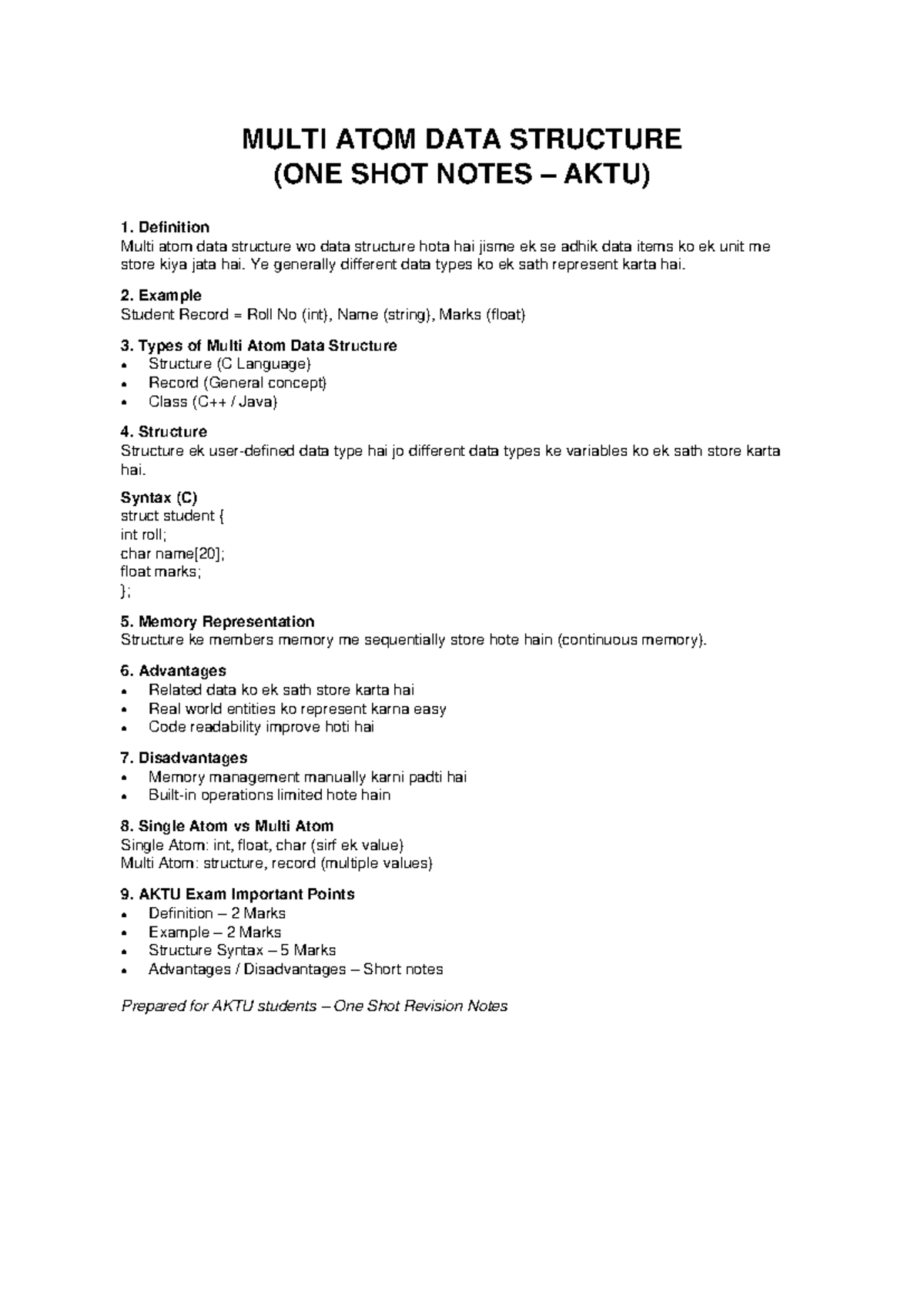 Multi Atom Data Structure One Shot Revision Notes AKTU - Studocu